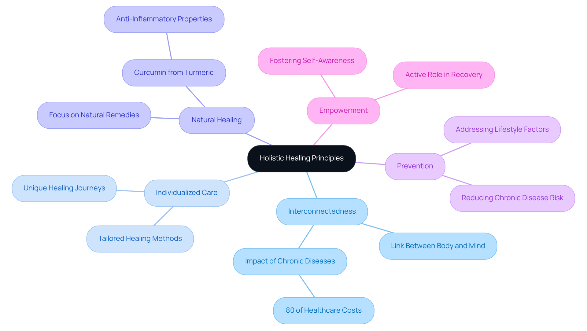 Start at the center with the main theme of holistic healing. Each branch represents a key principle, and you can follow the lines to see how they relate to the overall concept. The colors help differentiate each principle for better clarity.