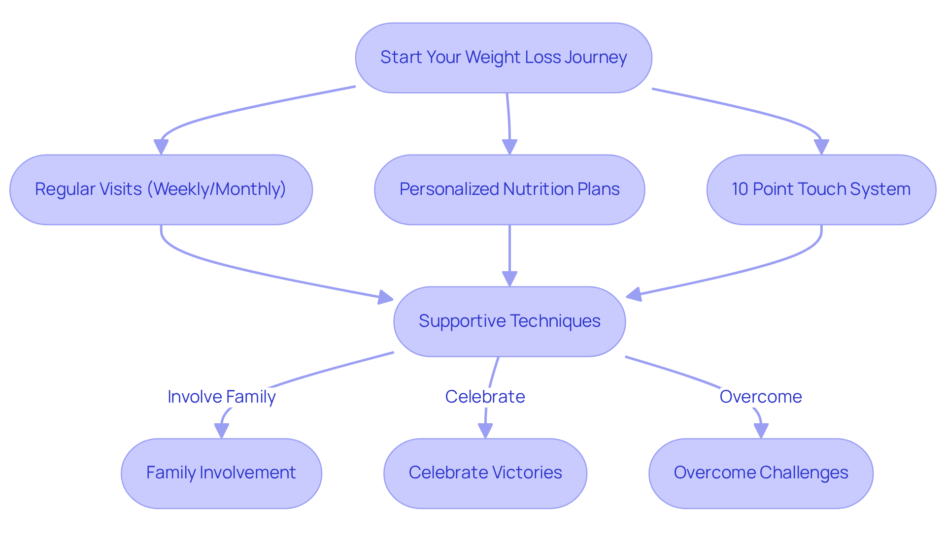 This flowchart shows the steps you’ll take on your weight loss journey. Start at the top and follow the arrows to see how each part of the process connects, from regular visits to personalized plans and support techniques.
