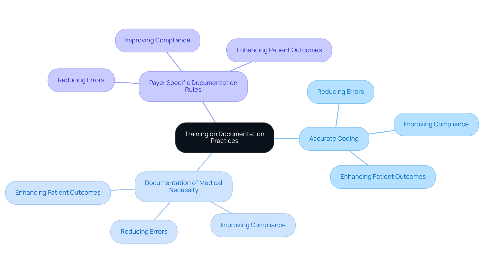 The center represents the main focus of training, while the branches show specific topics covered in the training sessions. Each branch highlights how these topics contribute to better practices and outcomes in healthcare.