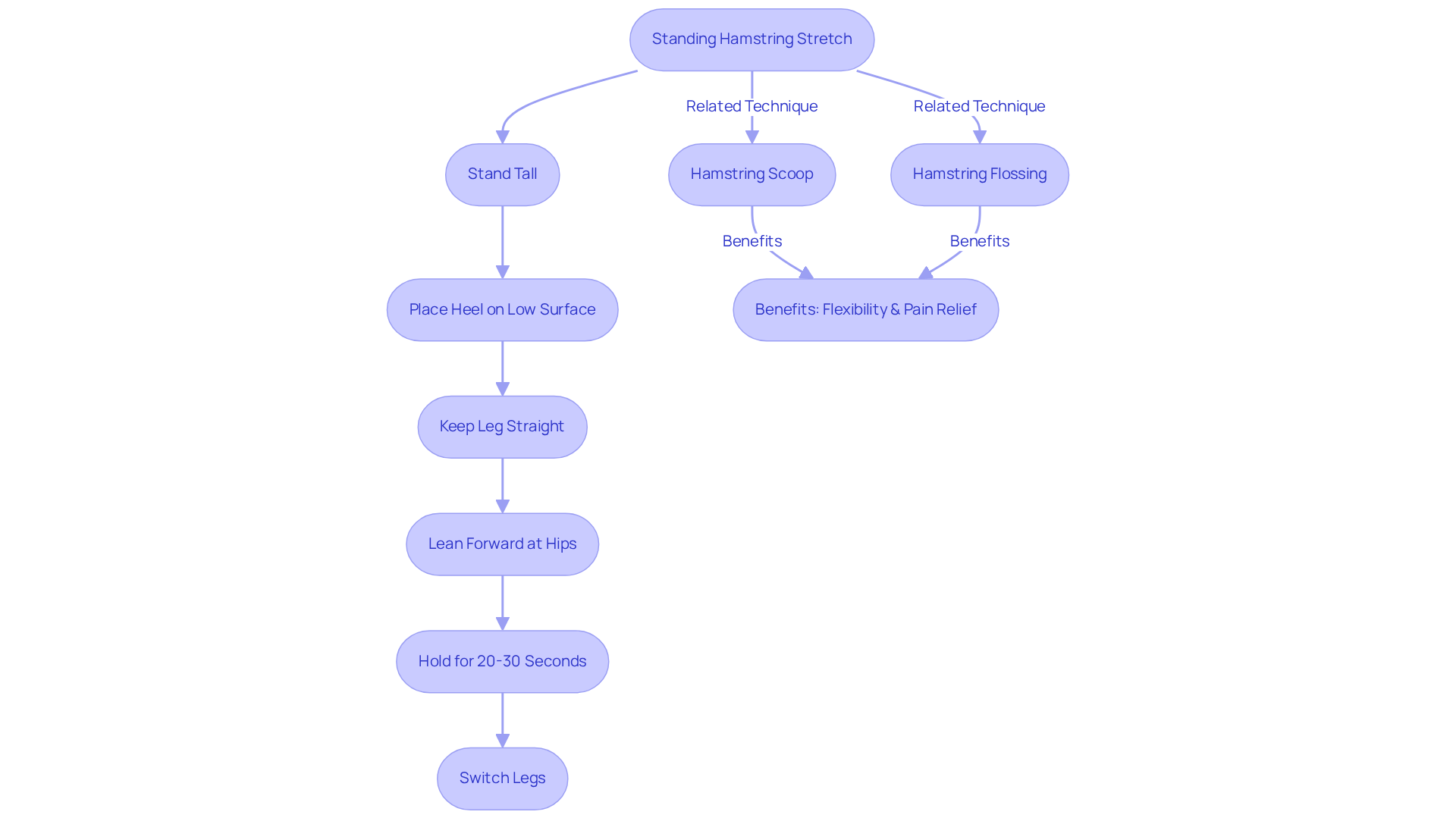 This flowchart guides you through the steps of the Standing Hamstring Stretch and highlights related techniques. Follow the arrows to see how to perform each stretch and understand their benefits for flexibility and pain relief. This flowchart guides you through the steps of the Standing Hamstring Stretch and highlights related techniques. Follow the arrows to see how to perform each stretch and understand their benefits for flexibility and pain relief.