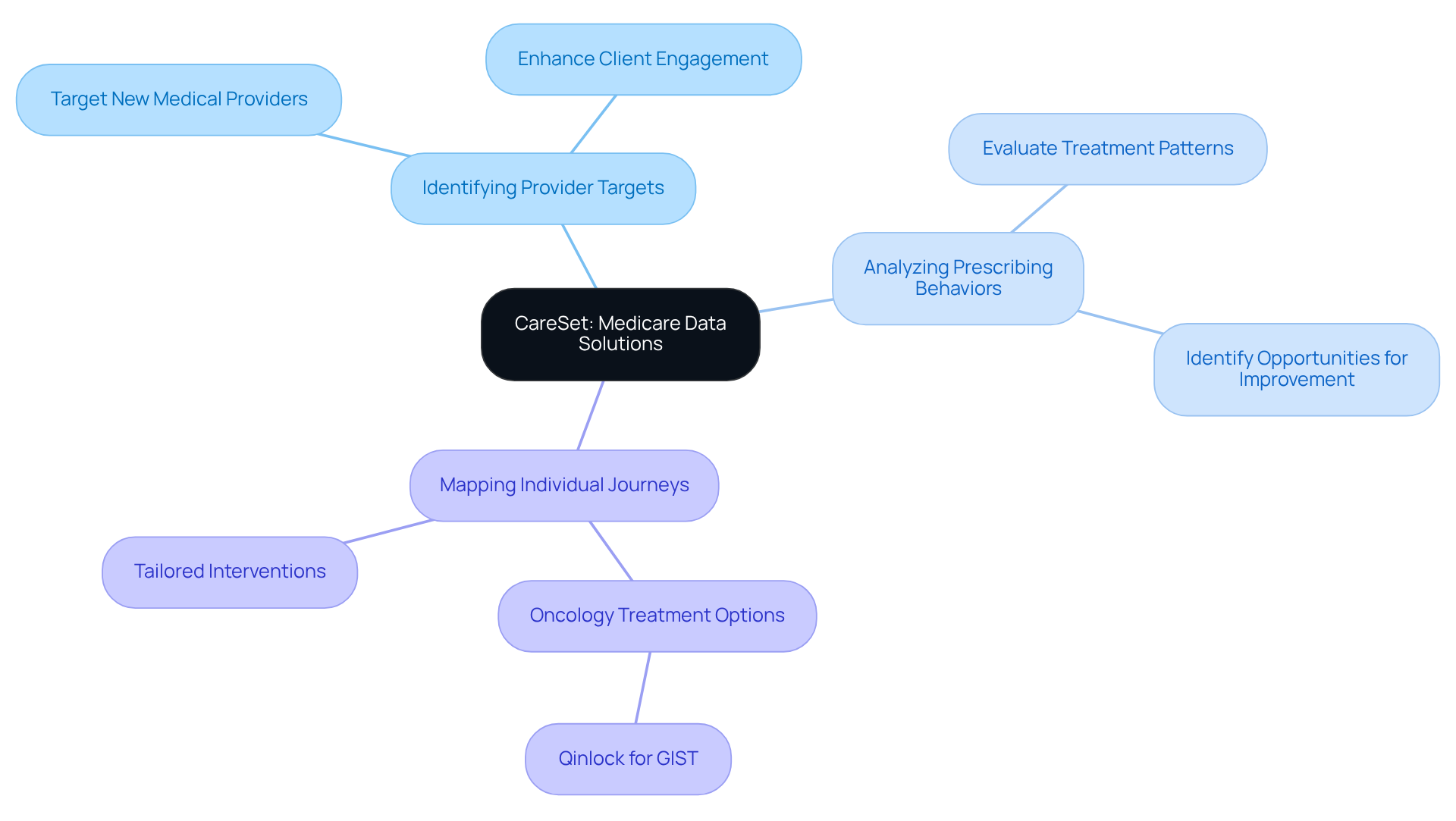 The central node represents CareSet's focus on Medicare data solutions. Each branch shows a key area of service, with further details on actions or insights that enhance patient care and decision-making. The central node represents CareSet's focus on Medicare data solutions. Each branch shows a key area of service, with further details on actions or insights that enhance patient care and decision-making.