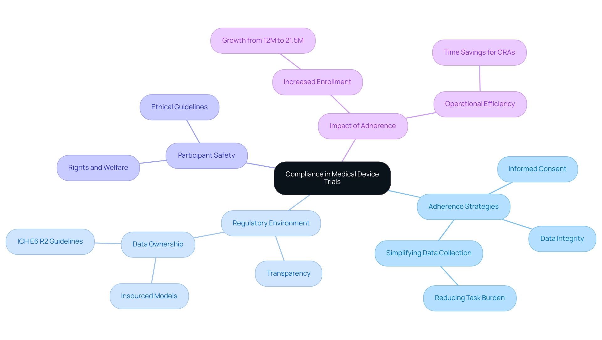 The central node represents the overall theme, with branches indicating key areas of compliance and their respective subcomponents.