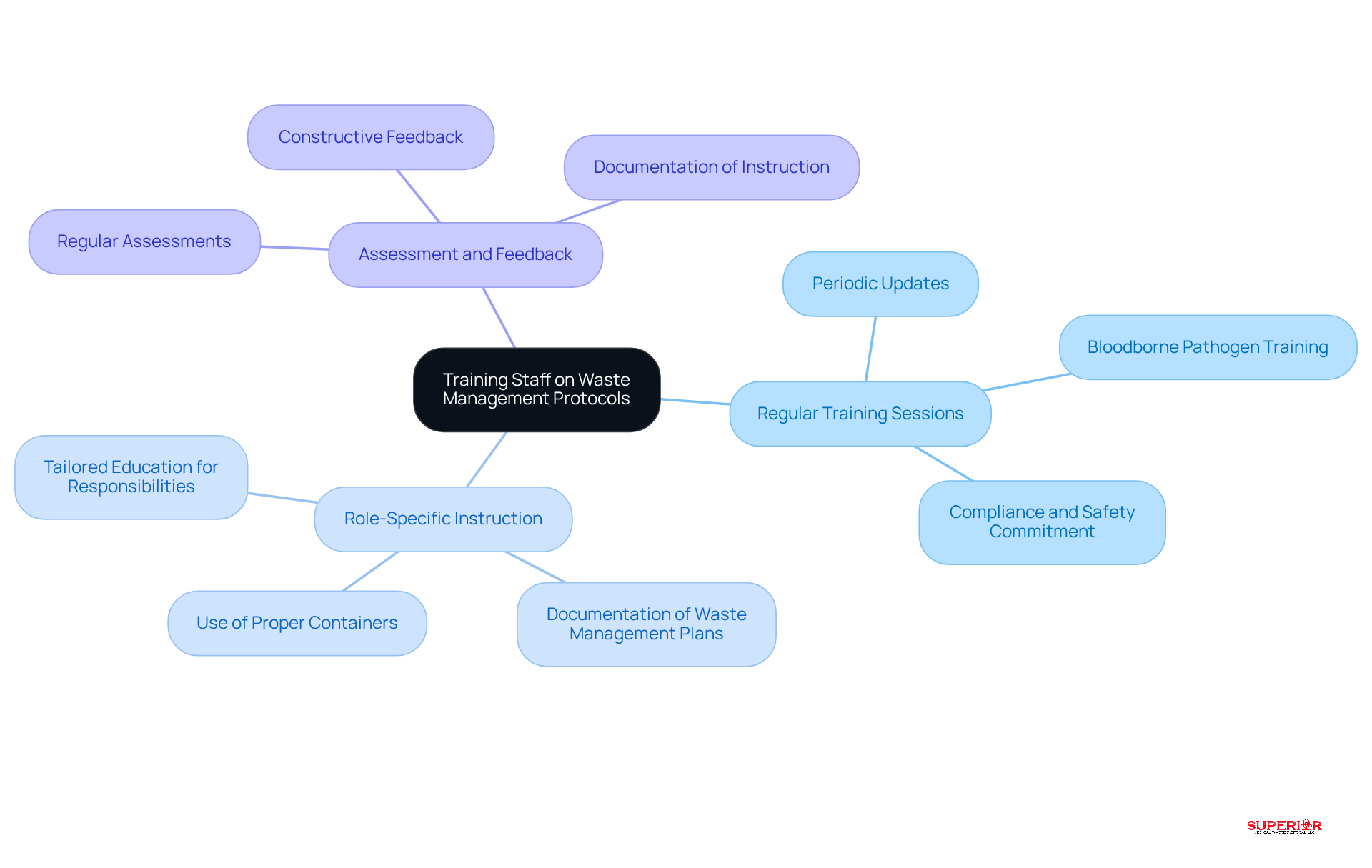 The central node represents the main focus of the training, while the branches show the key components that make up the program. Each sub-branch provides additional details about what is included in each component.