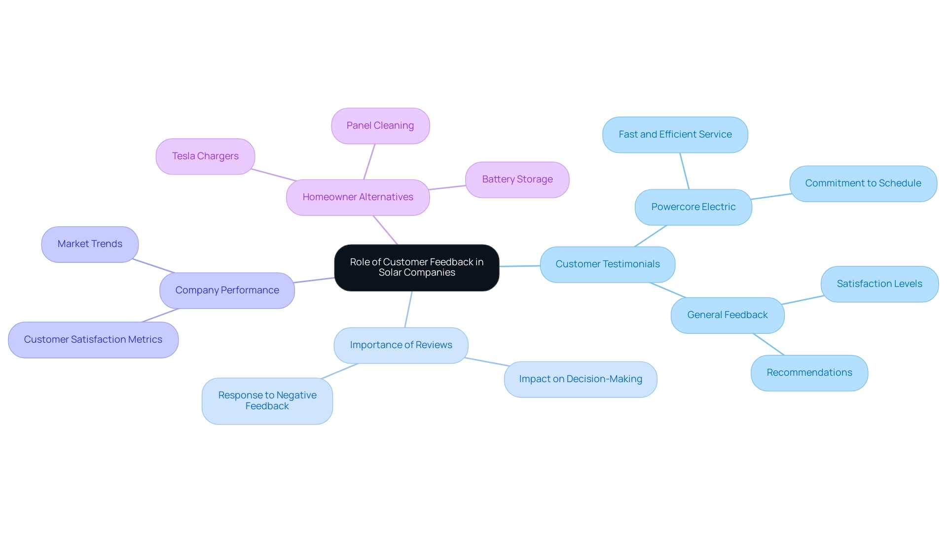 Branches represent key themes: Customer Testimonials, Importance of Reviews, Company Performance, and Homeowner Alternatives.