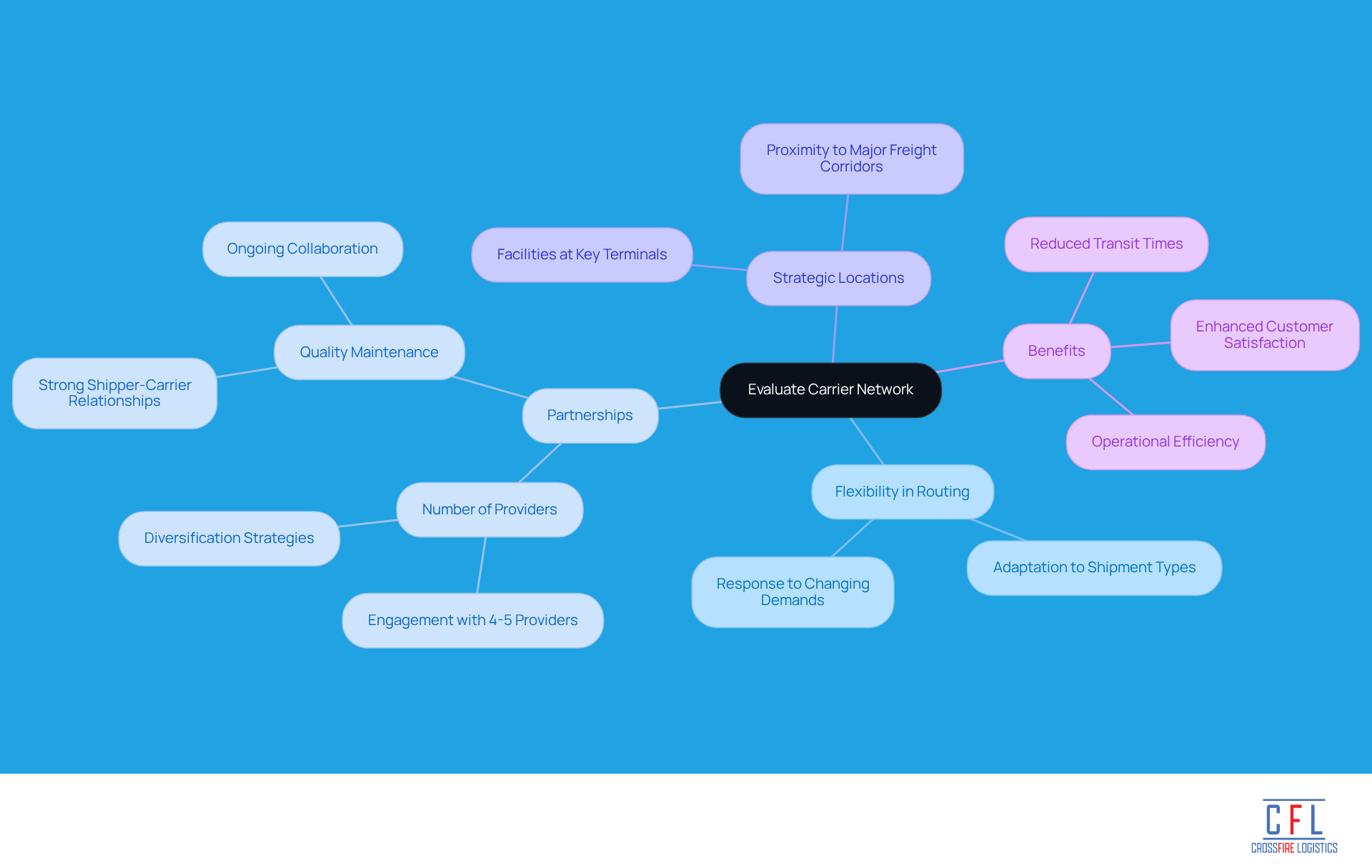 Start at the center with the main topic of evaluating the carrier network, then explore the branches that show how flexibility, partnerships, and strategic locations contribute to efficient freight movement.