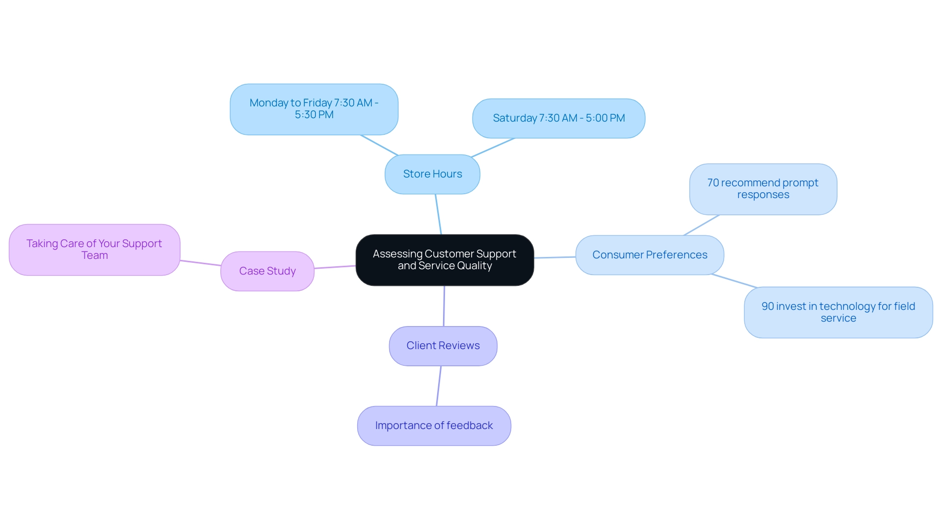 The central node represents the main topic, with branches detailing store hours, consumer preferences, the importance of client feedback, and case studies.