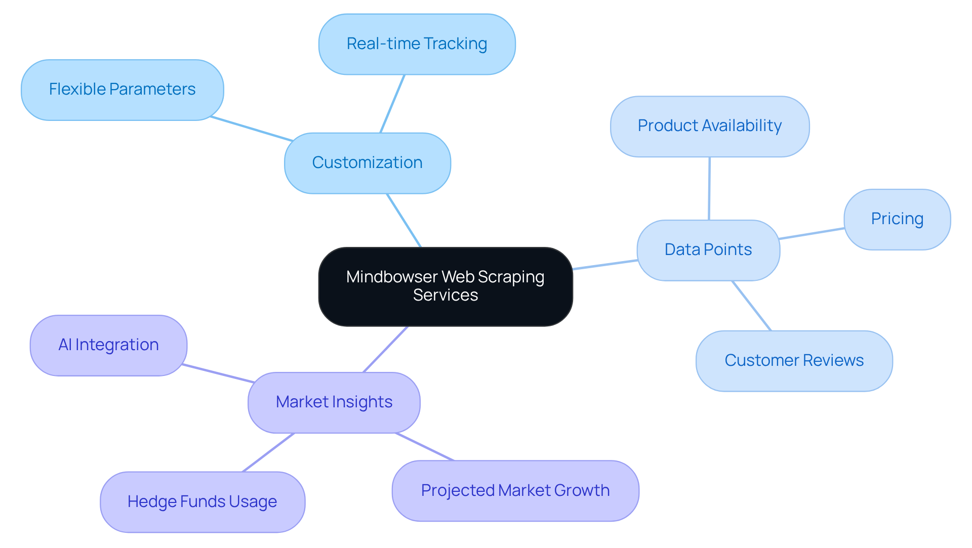 The central node represents Mindbowser's services, while the branches show how customization, specific data points, and market insights are interconnected. Each color-coded branch helps you quickly identify different aspects of their offerings.