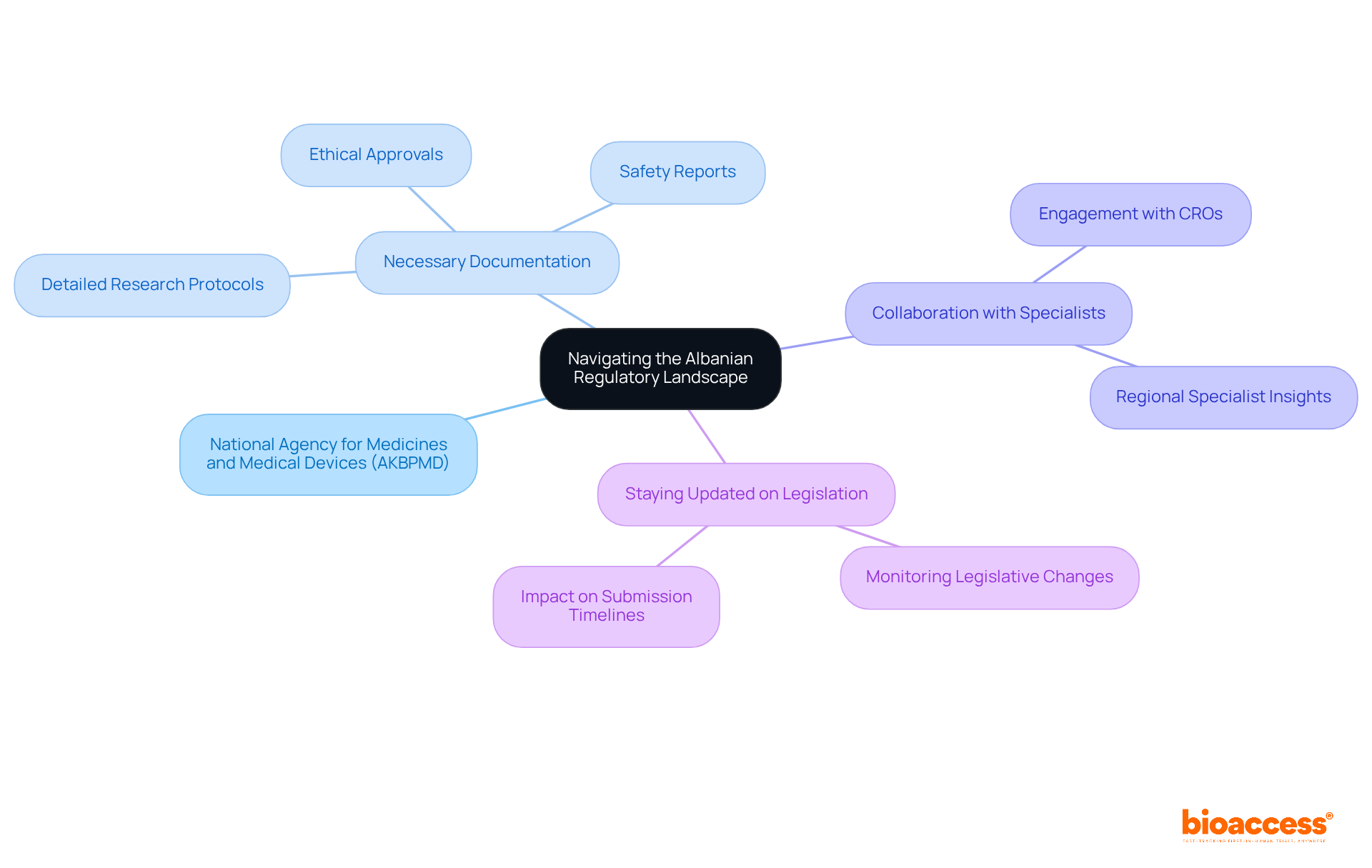 Start at the center with the main topic, then follow the branches to explore each key area and its components. Each branch represents a crucial aspect of navigating the regulatory landscape.