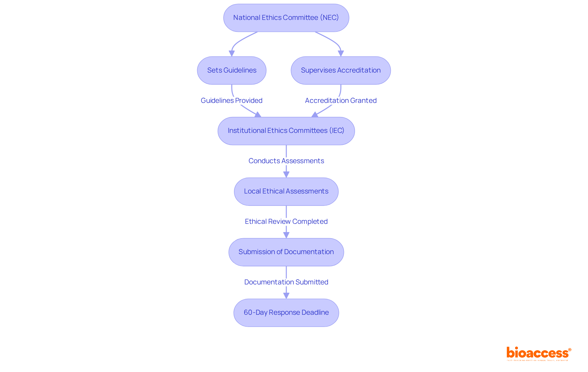 This flowchart shows how the National Ethics Committee oversees the ethics review process, while the Institutional Ethics Committees handle local assessments. Follow the arrows to see how responsibilities flow from national guidelines to regional actions.