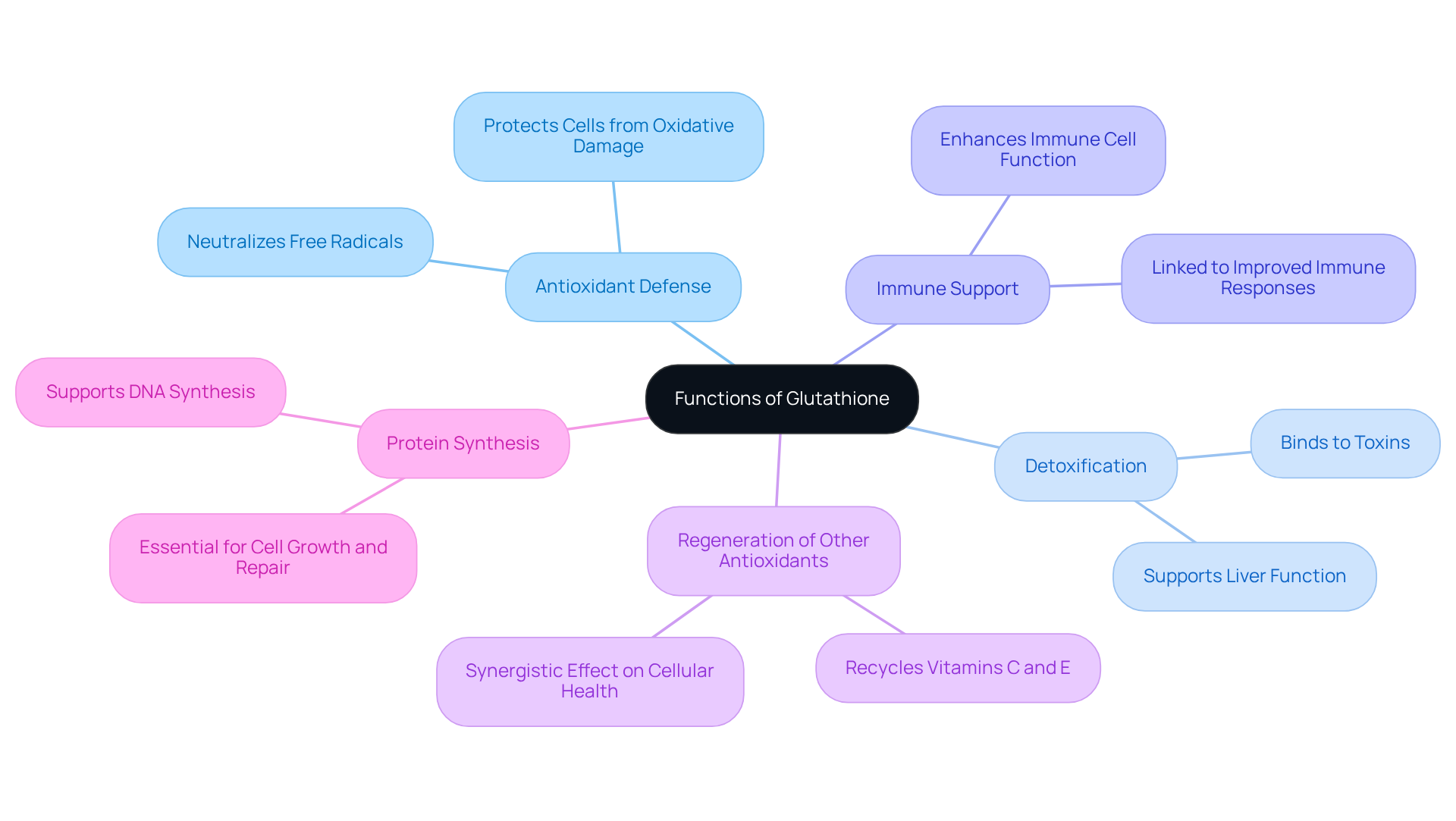The central node represents glutathione, while each branch shows a specific function it serves in the body. The sub-branches provide more details about how each function contributes to health and well-being.