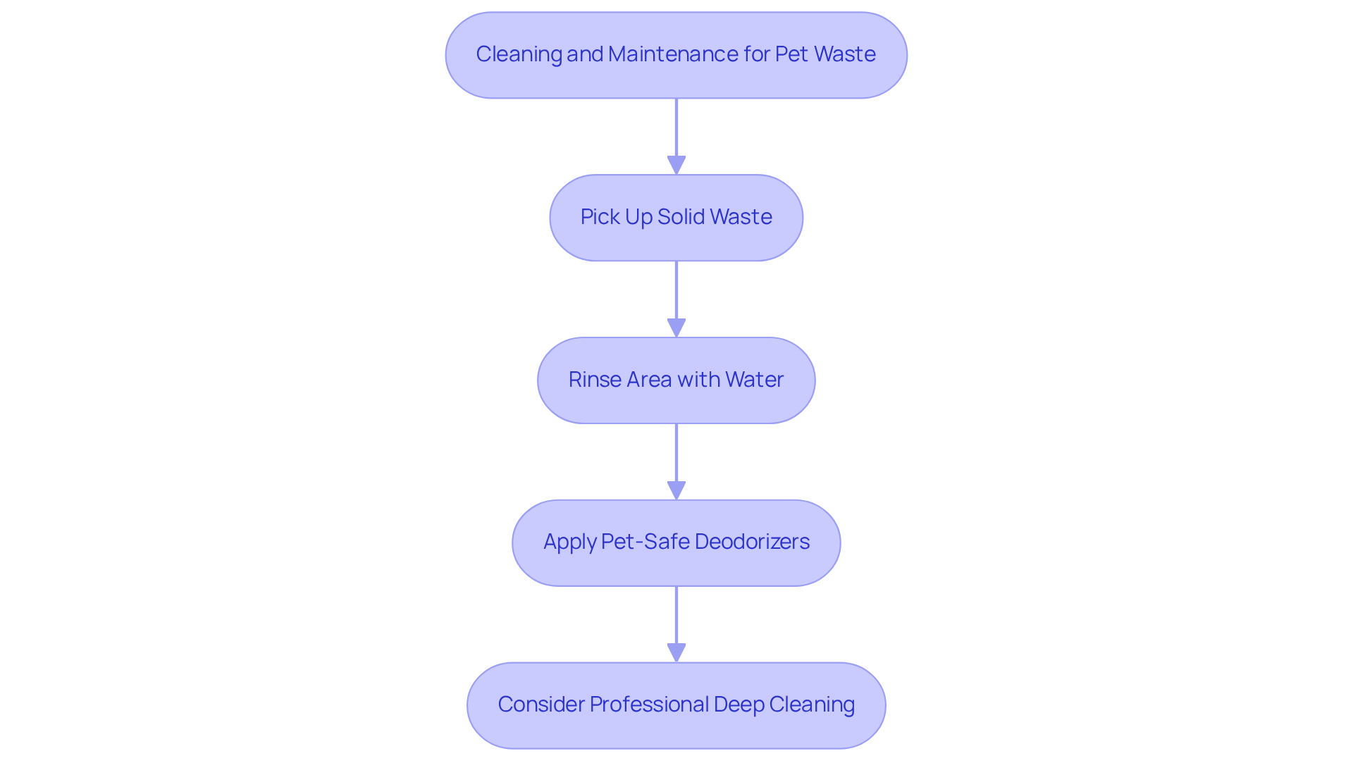 Follow the arrows to see each step in the cleaning process. Start with picking up waste, then rinse, apply deodorizer, and consider professional help for deep cleaning.