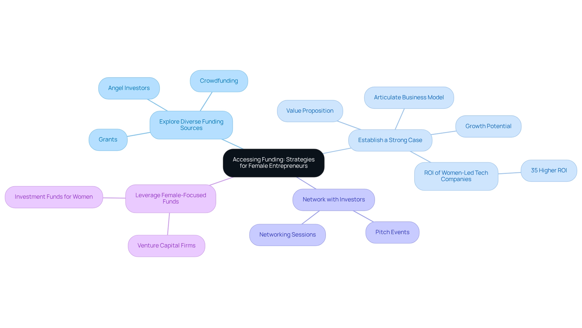 The central node represents the main goal of accessing funding, while each branch represents a strategy, with sub-branches providing further details.
