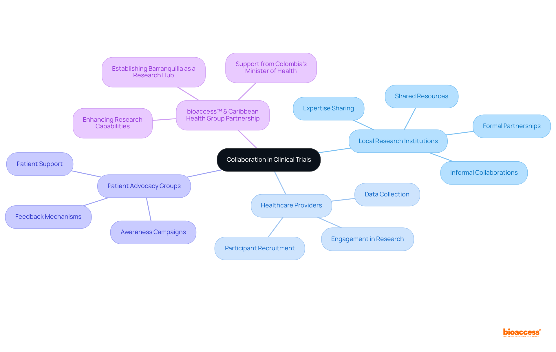 The central node represents the idea of collaboration, while branches show different stakeholders and their contributions to the research process. Each color-coded branch highlights a specific stakeholder, and sub-branches detail their roles and interactions.