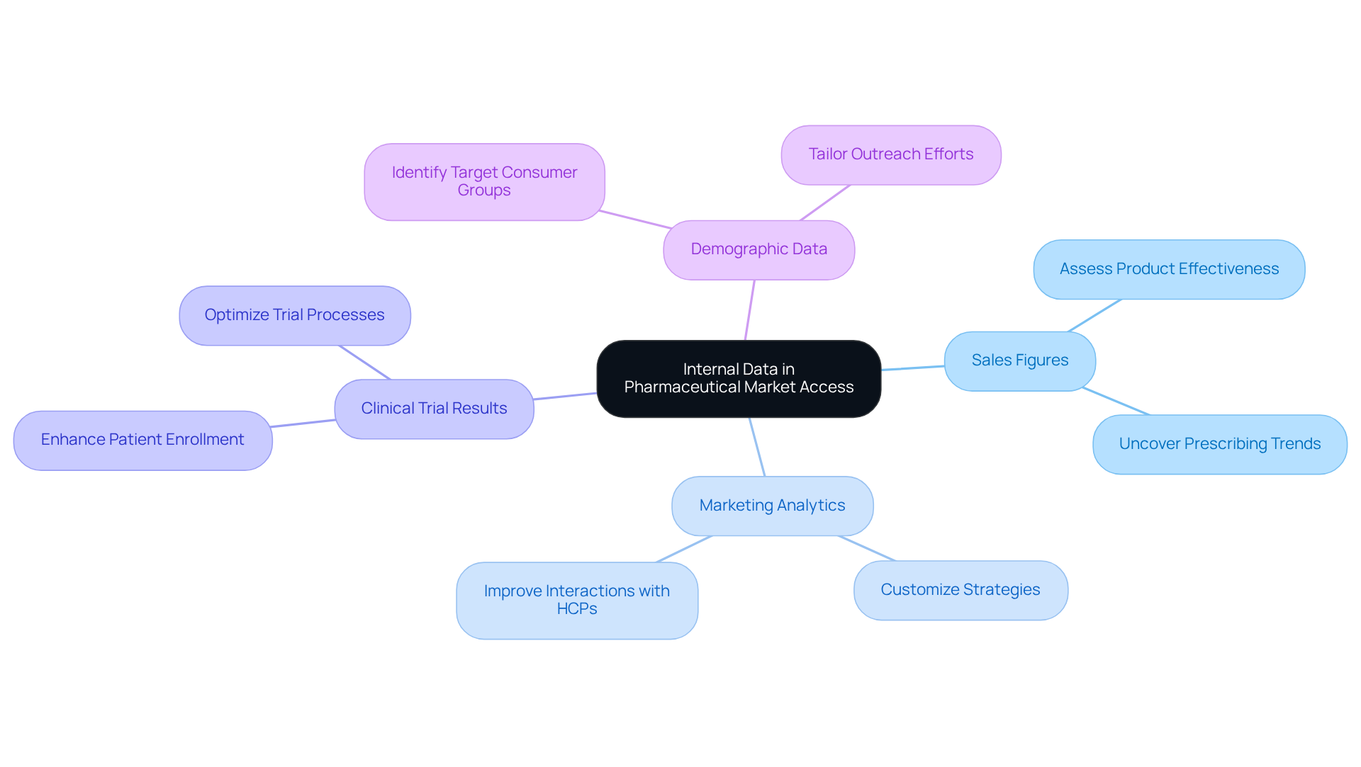 The central node represents internal data, with branches showing different types of data and their roles in shaping market access strategies. Each color-coded branch highlights a key area of focus, illustrating how these elements connect to improve pharmaceutical outreach and strategy.