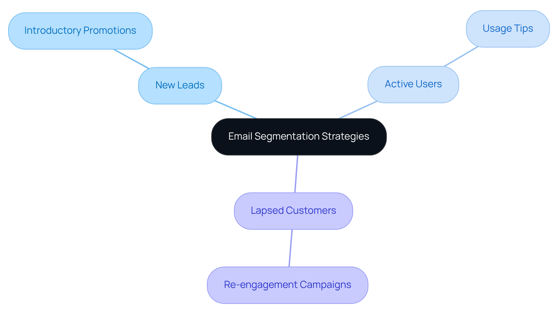 The center represents the overall strategy of email segmentation, while the branches show specific audience segments and their tailored messaging. This helps you see at a glance how to connect with different parts of your audience.