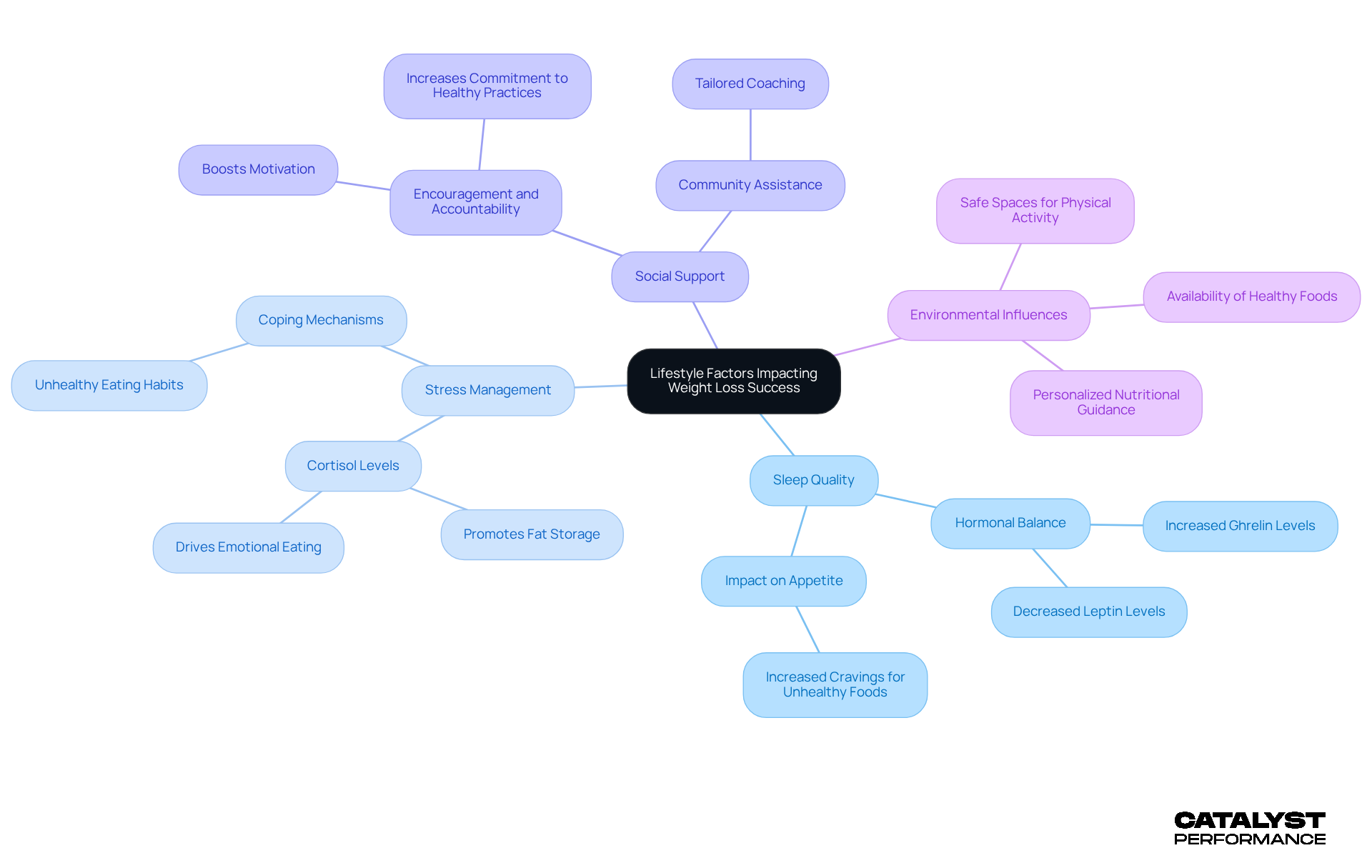 The central node represents the main theme of lifestyle factors affecting weight loss. Each branch shows a different factor, and the sub-branches provide more details on how they influence weight loss success. This visual helps you see the big picture and understand the interconnectedness of these factors. The central node represents the main theme of lifestyle factors affecting weight loss. Each branch shows a different factor, and the sub-branches provide more details on how they influence weight loss success. This visual helps you see the big picture and understand the interconnectedness of these factors.