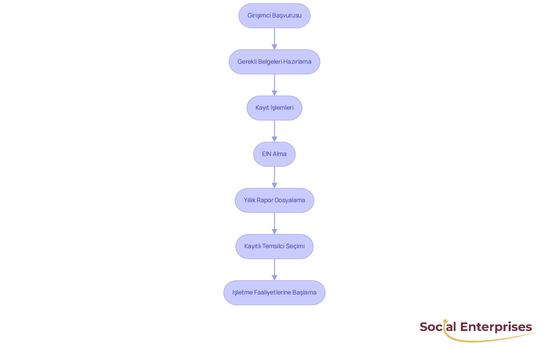 Bu diyagramda, şirket kurma sürecinin her adımını görebilirsiniz. Oklar, bir adımdan diğerine geçişi gösterir. Her kutu, sürecin hangi aşamasında olduğunuzu belirtir.