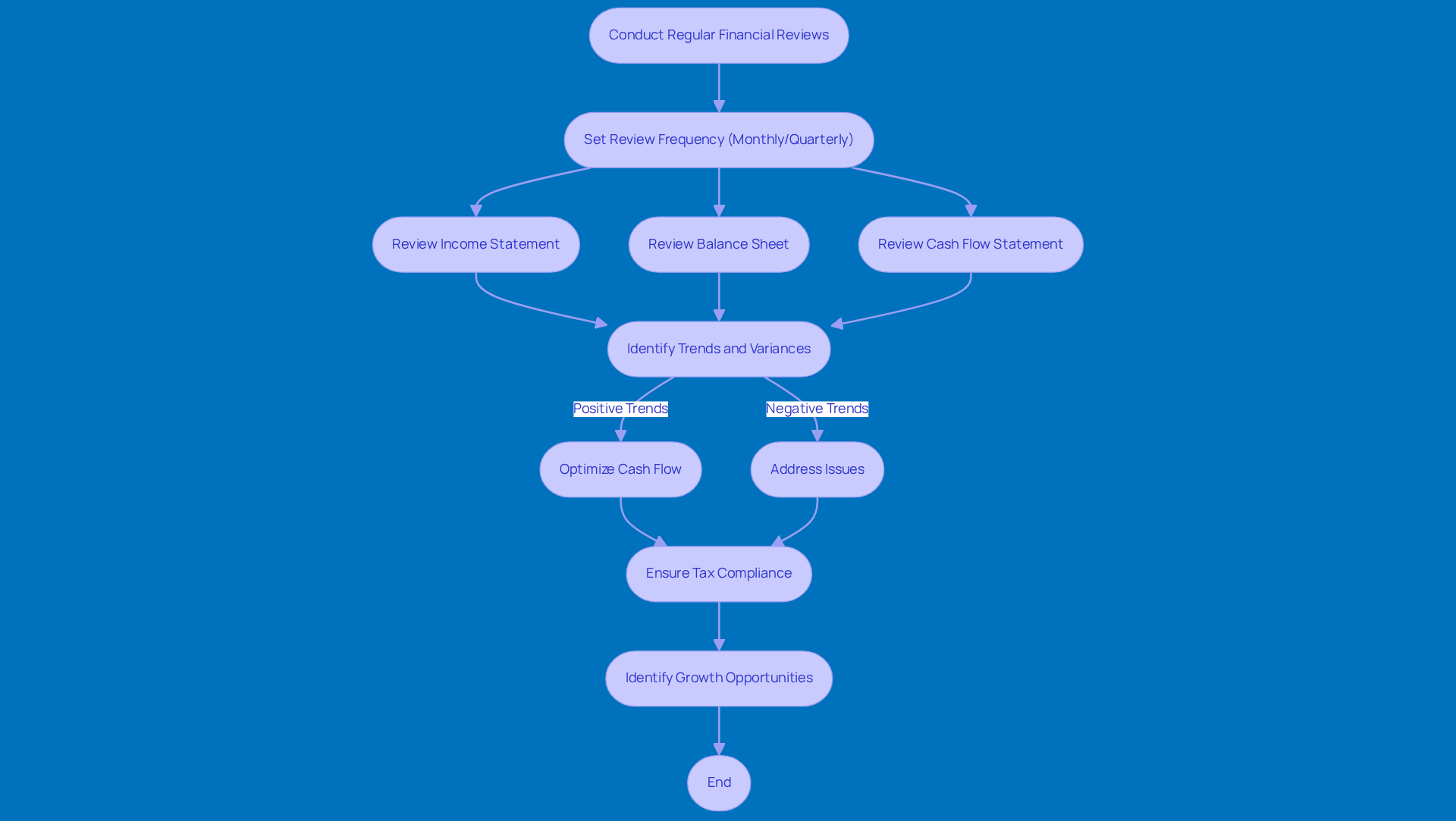 Follow the arrows to see the steps involved in reviewing your finances. Each box represents an important action to help keep your business financially healthy.