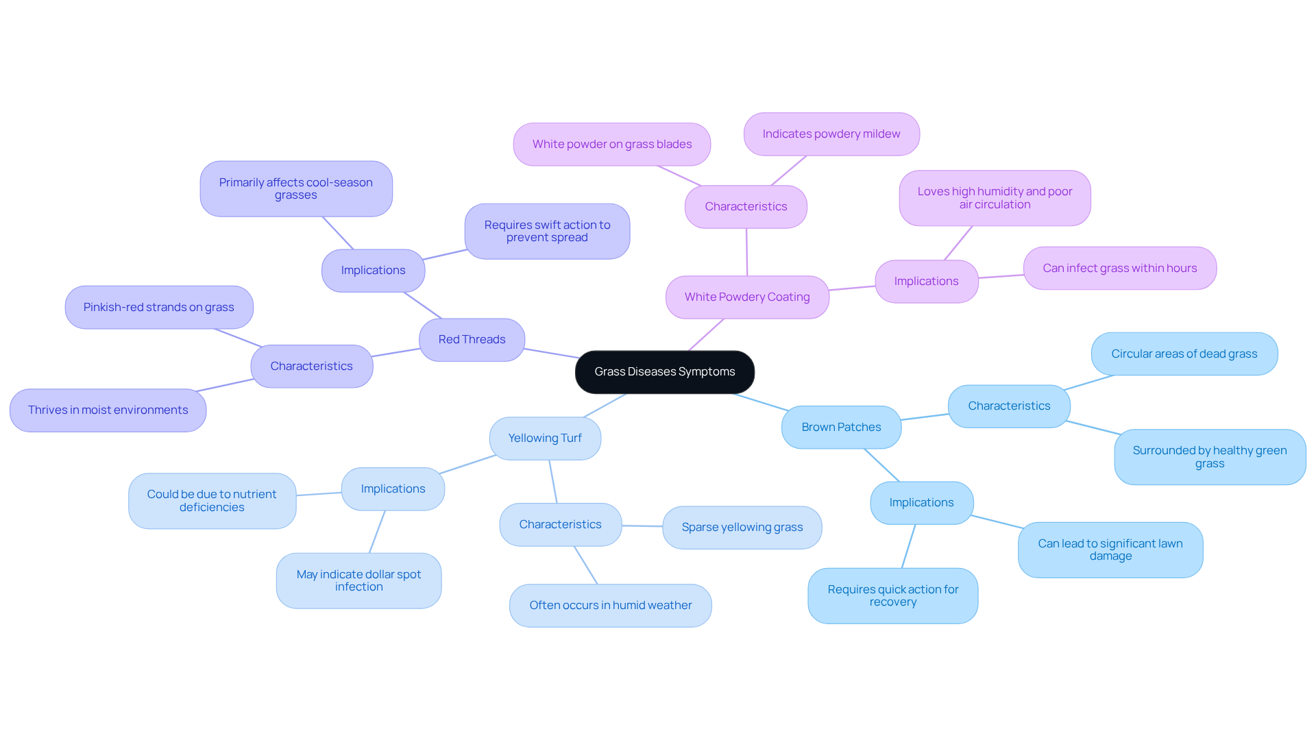 The central node represents the overall topic of grass diseases, while each branch shows a specific symptom. The sub-branches provide details about what to look for and why it's important to address these symptoms early.