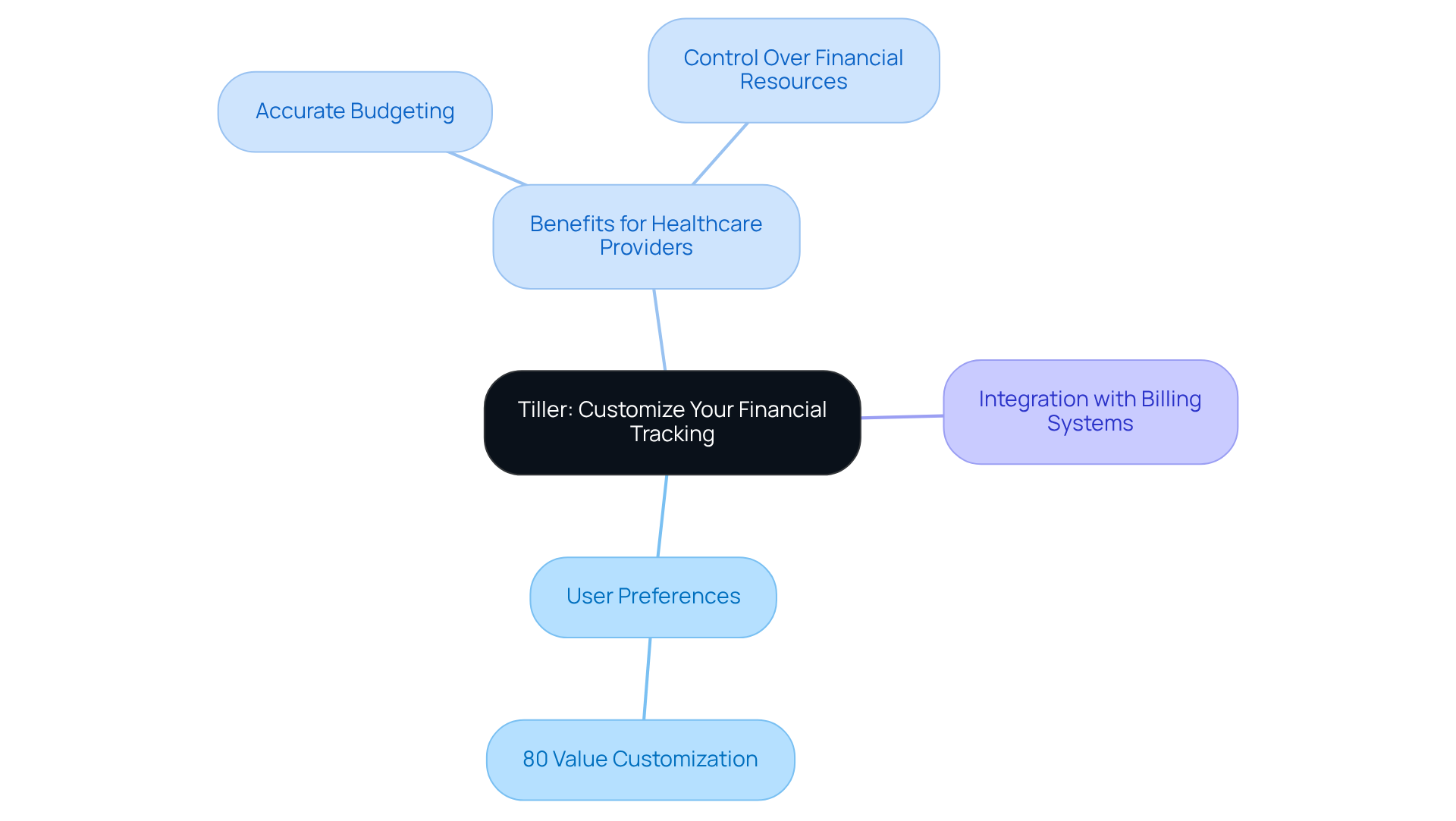 The center shows Tiller's focus on customization, and the branches illustrate how this impacts users and healthcare providers. Each branch highlights important aspects that contribute to effective financial management. The center shows Tiller's focus on customization, and the branches illustrate how this impacts users and healthcare providers. Each branch highlights important aspects that contribute to effective financial management.