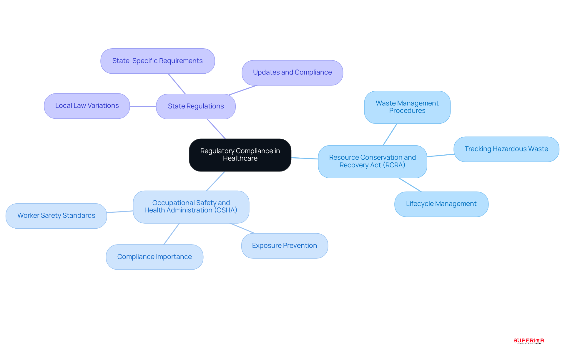 The central node represents the overall theme of compliance, while each branch shows a key regulation. Sub-branches provide specific details about each regulation's requirements and implications.