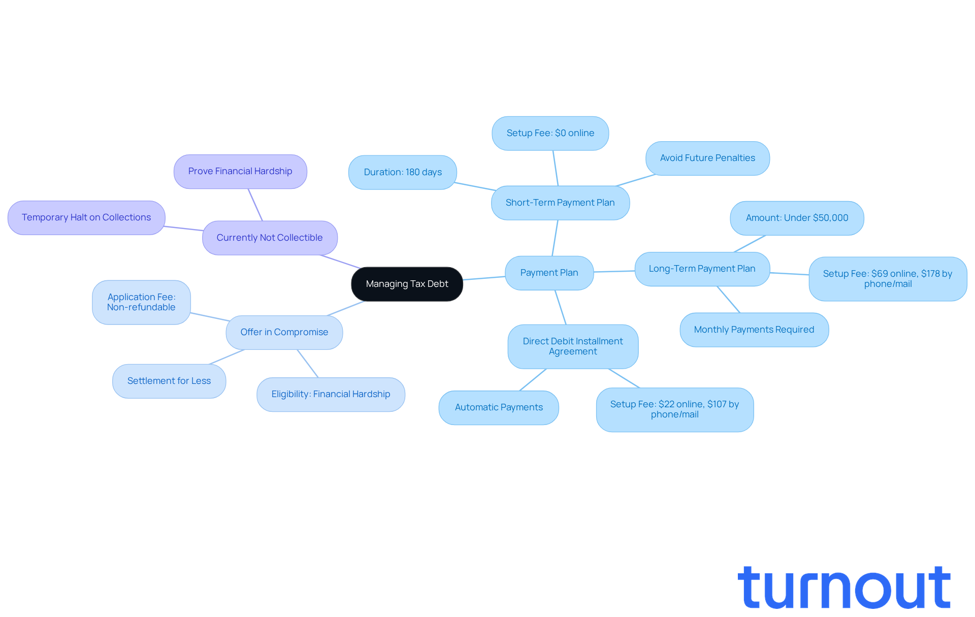 Start at the center with the main topic of managing tax debt, then follow the branches to explore different strategies. Each branch represents a unique option, and the sub-branches provide more details about what each option entails.