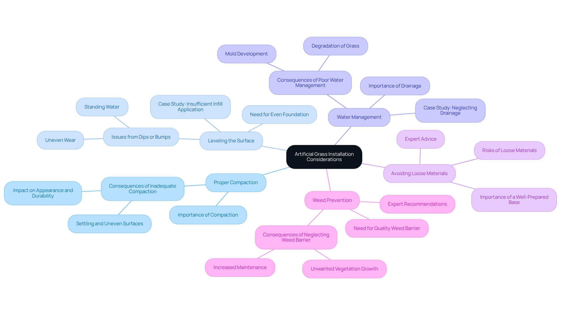 The central node represents the overall topic of installation considerations. Each branch highlights a specific area to focus on, with further details provided in the sub-branches. This layout helps you understand the critical aspects of installation and avoid common pitfalls. The central node represents the overall topic of installation considerations. Each branch highlights a specific area to focus on, with further details provided in the sub-branches. This layout helps you understand the critical aspects of installation and avoid common pitfalls.