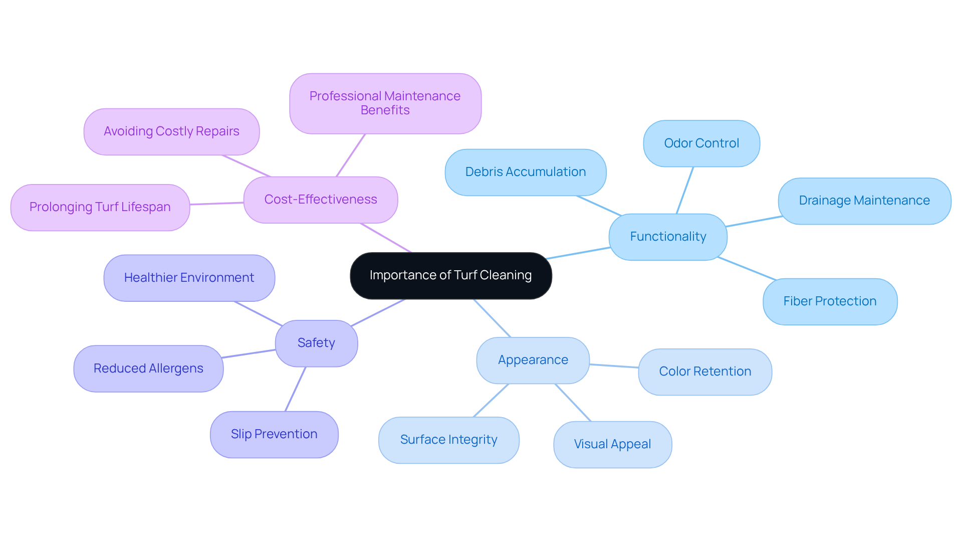 Start at the center with the main idea of turf cleaning. Follow the branches to explore how maintenance impacts functionality, appearance, safety, and costs. Each branch shows why keeping synthetic grass clean is essential.