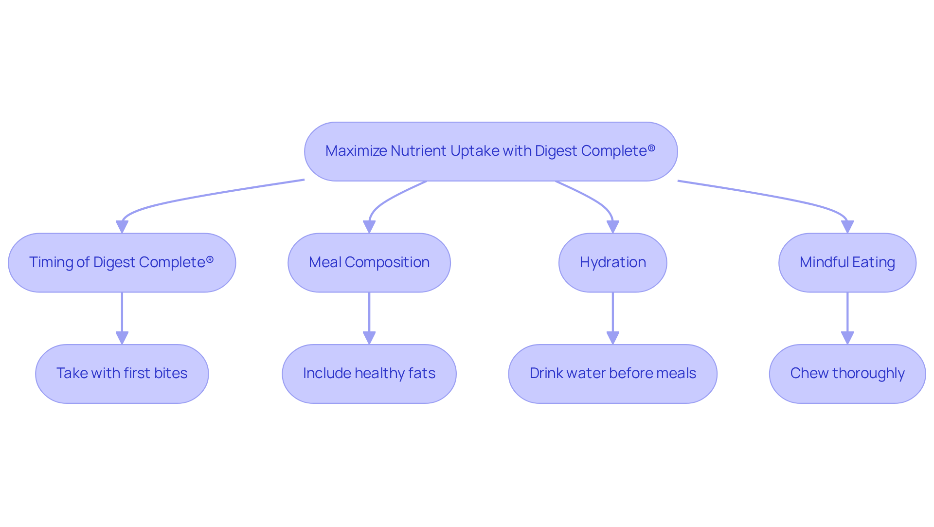 Follow the arrows to see how each strategy contributes to better nutrient uptake with Digest Complete®. Each box represents a key area to focus on for improving digestion and nutrient absorption.