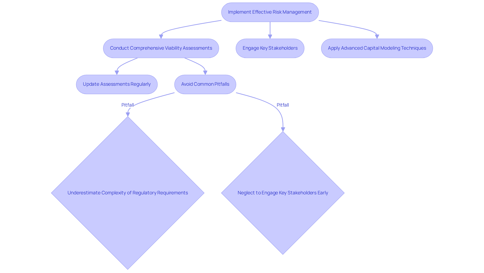 Follow the arrows to see the steps organizations should take for effective risk management. Each box represents a key action or consideration, and the colors help highlight important aspects and potential pitfalls.