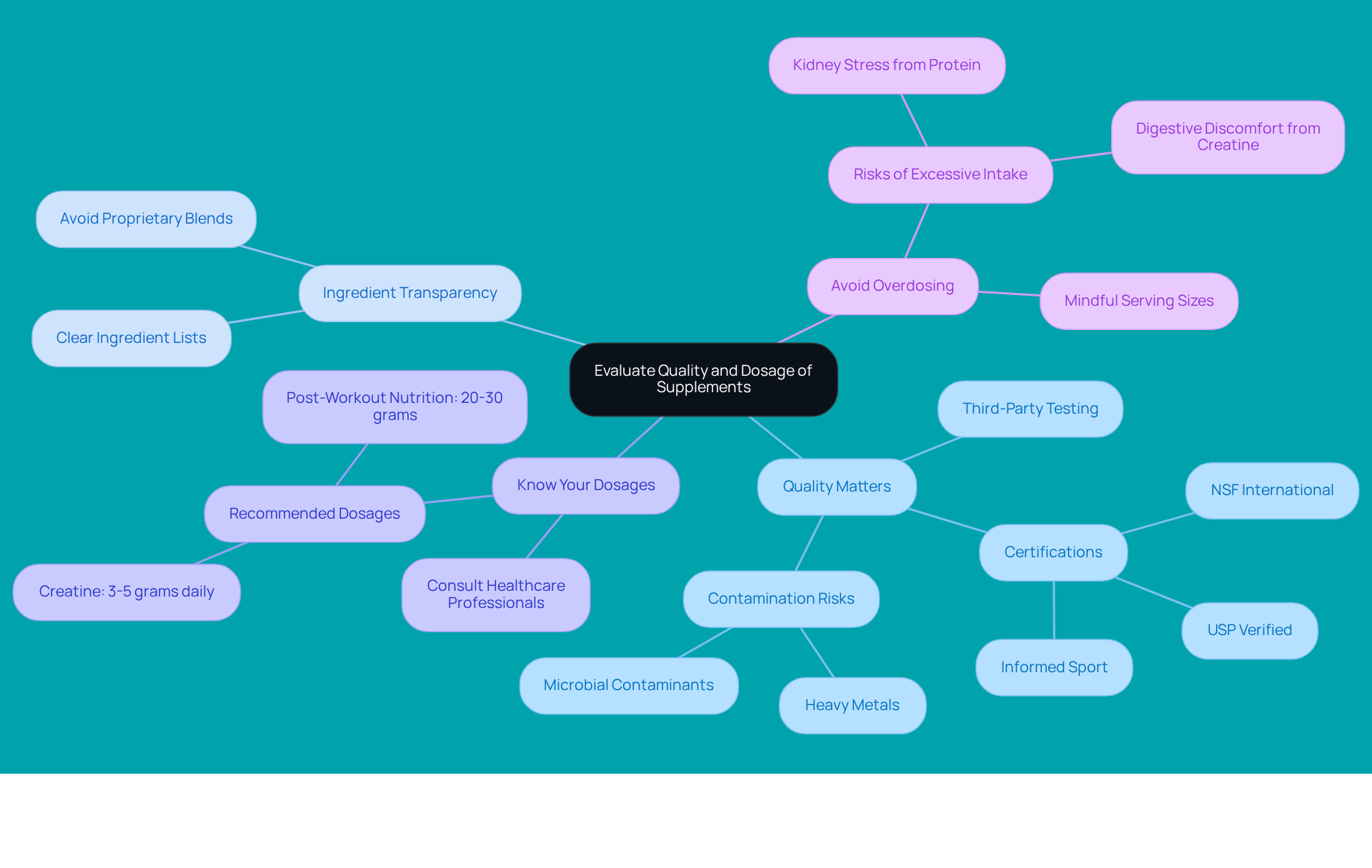 The central idea is about evaluating supplements, with branches showing key factors to consider. Each branch highlights important points that contribute to making informed choices about supplements.