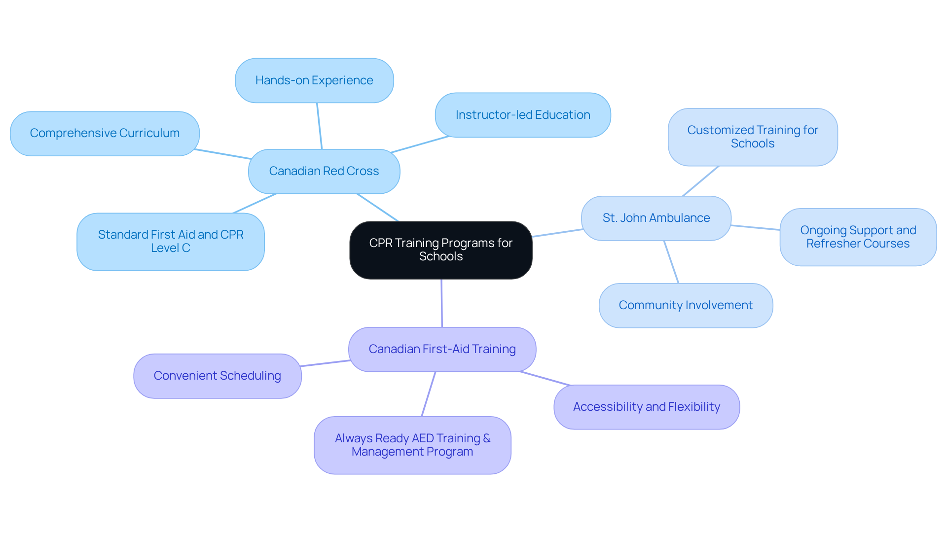This mindmap shows the different CPR training programs available for schools. Each branch represents a training provider, and the sub-branches highlight what makes each program unique. Follow the branches to see how each program can meet the needs of educational institutions.