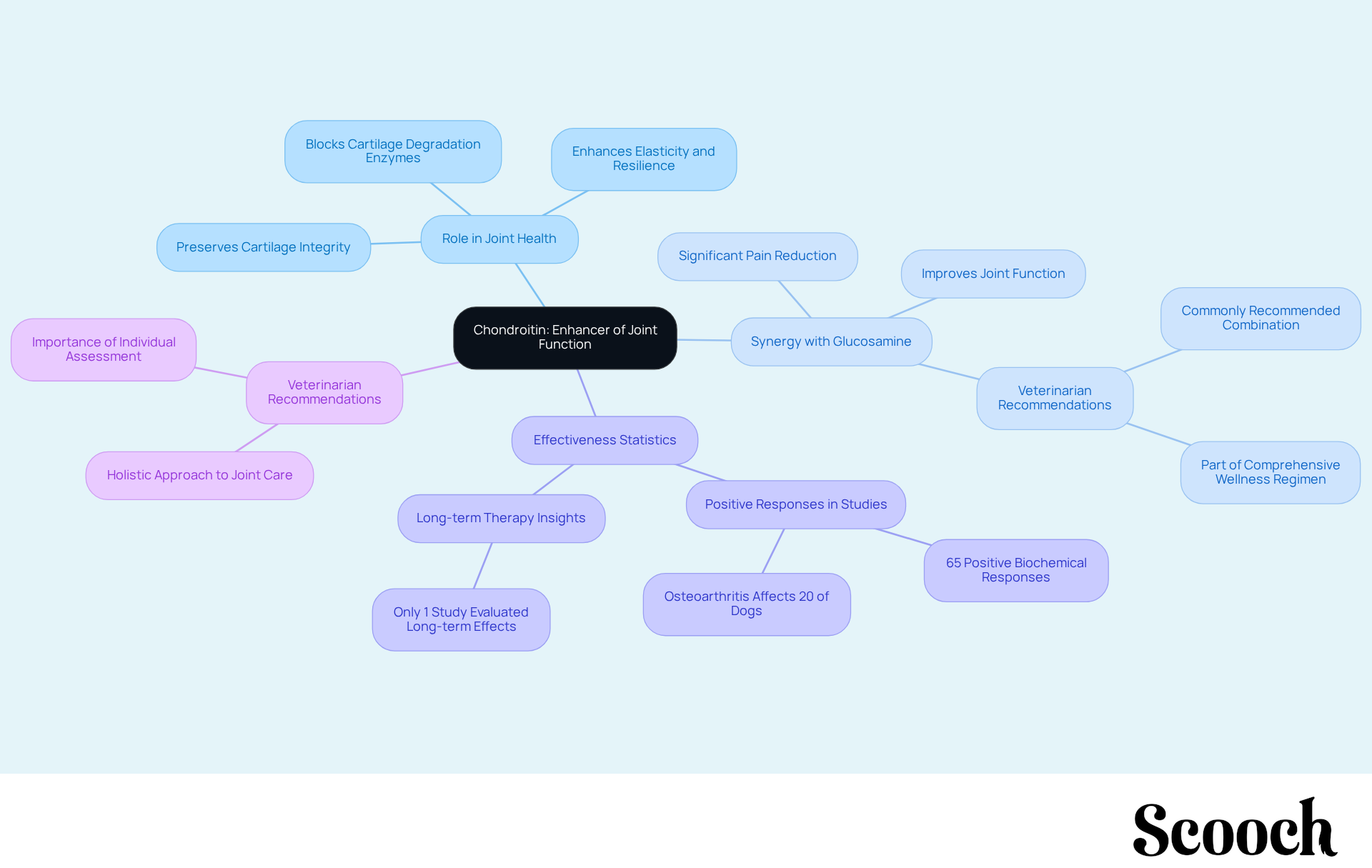 At the center, you have chondroitin and its importance for joint health, with branches showing how it works, its effectiveness when paired with glucosamine, statistics from studies, and what vets recommend. Follow the branches to understand the full picture of how this supplement supports your dog's well-being.