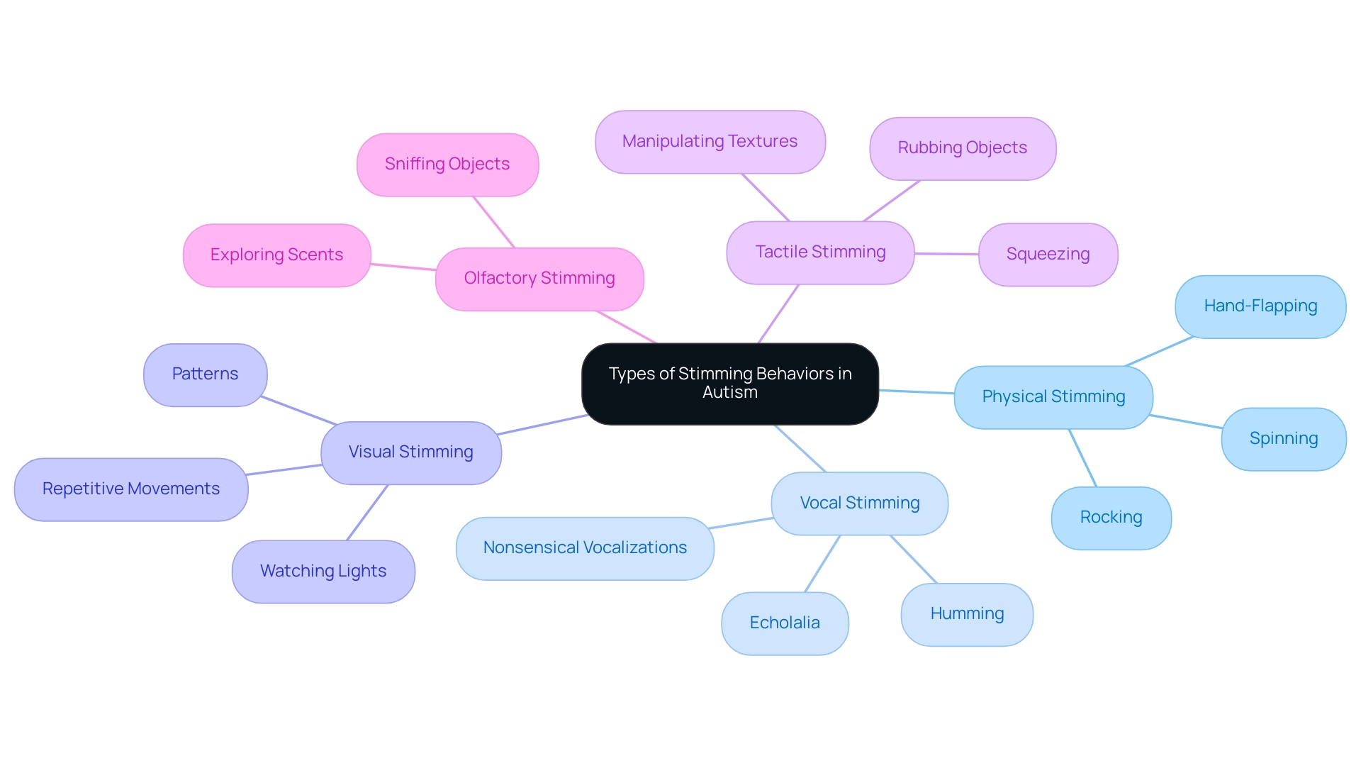 Each branch represents a type of stimming behavior, with sub-branches providing examples and functions of each type.