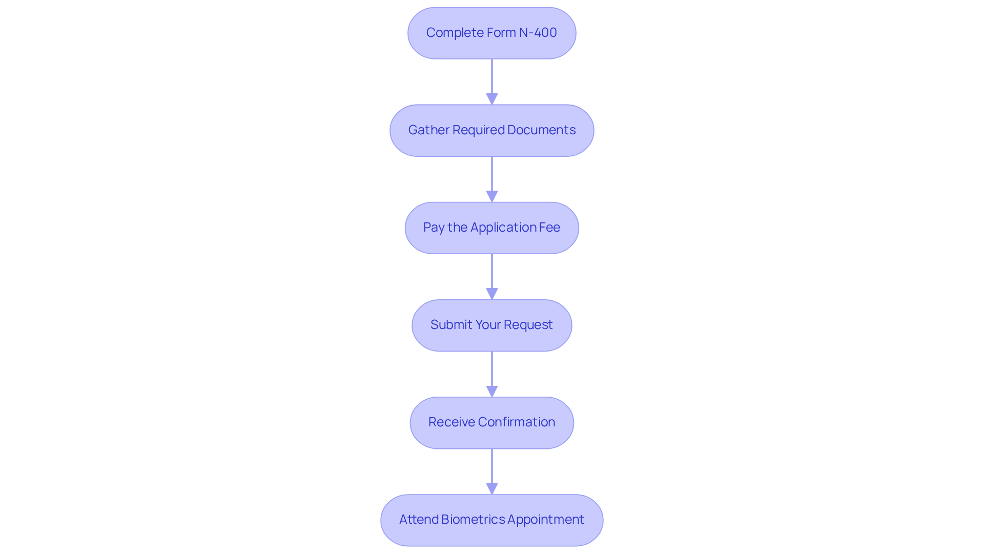 Each box represents a step you need to take to apply for U.S. citizenship. Follow the arrows to see the order of steps, from filling out your application to attending your biometrics appointment.