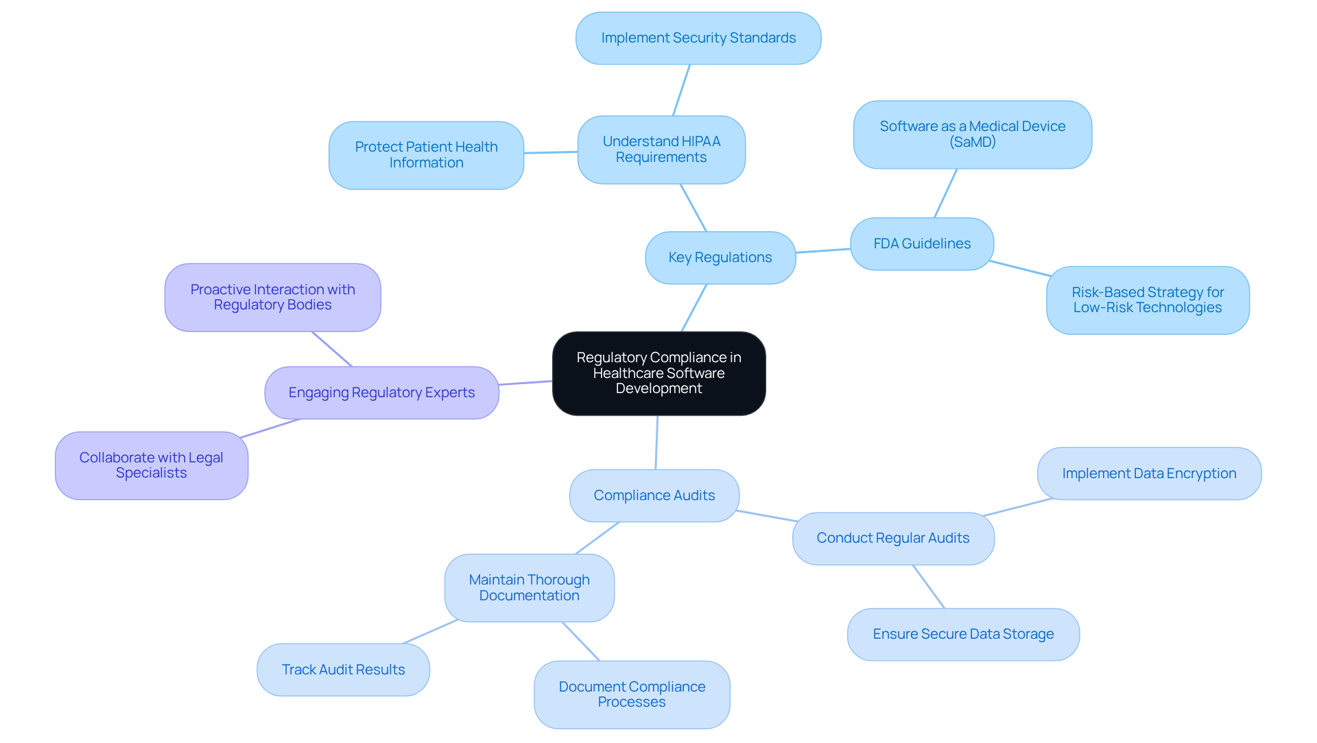 The center represents the main topic of regulatory compliance. Each branch shows a key area developers should focus on, with further details on actions they can take to ensure compliance. This layout helps visualize the interconnectedness of these components.