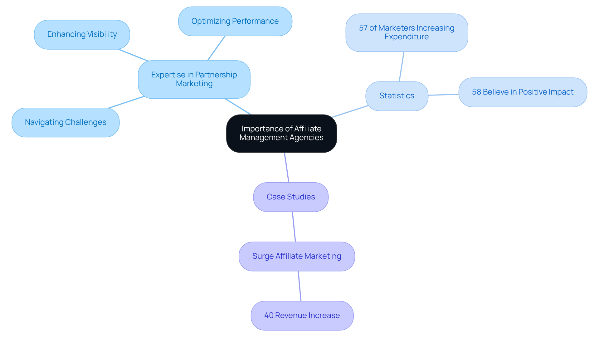 This mindmap illustrates how affiliate management agencies are crucial for consumer brands. Start at the center with the main idea, then explore the branches that show their expertise, relevant statistics, and real-world success stories. Each branch highlights a different aspect of their importance, making it easy to see how they contribute to a company's success. This mindmap illustrates how affiliate management agencies are crucial for consumer brands. Start at the center with the main idea, then explore the branches that show their expertise, relevant statistics, and real-world success stories. Each branch highlights a different aspect of their importance, making it easy to see how they contribute to a company's success.