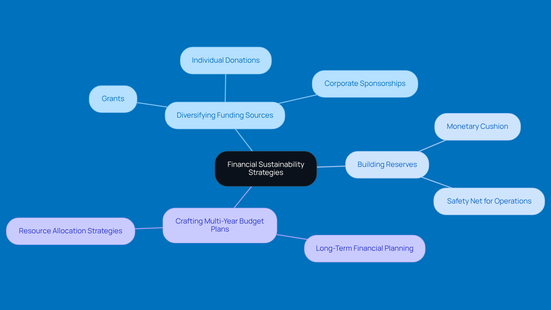 Start at the center with the main topic of financial sustainability, then follow the branches to explore each strategy and its specific actions or examples.
