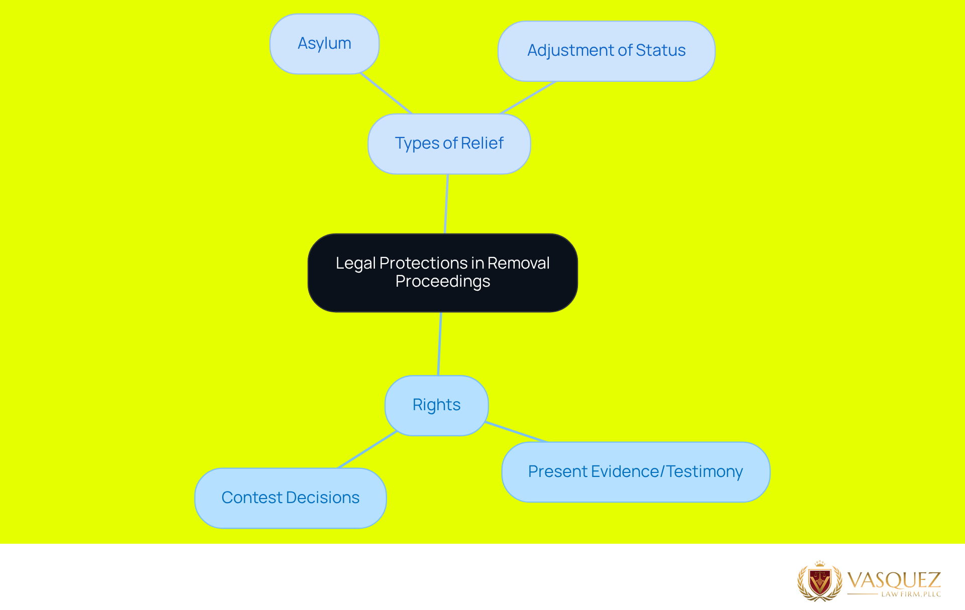 This mindmap shows your rights during removal proceedings and the types of relief you might qualify for. Start at the center to see your main protections, then follow the branches to explore specific rights and options available to you.