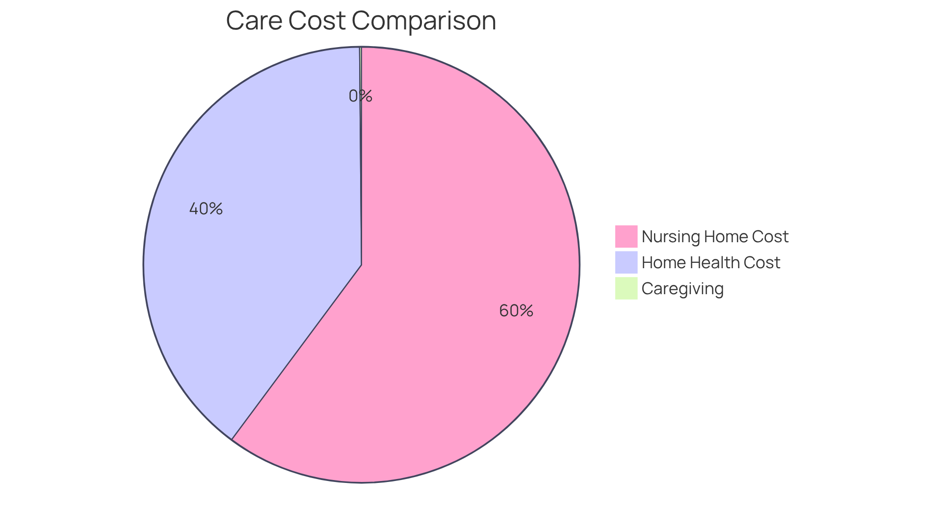 Each segment of the pie chart shows the financial aspect of choosing care options — the home health segment represents its lower cost, the nursing home segment shows the higher cost, and the caregiving expenses segment highlights how much families typically allocate from their income.