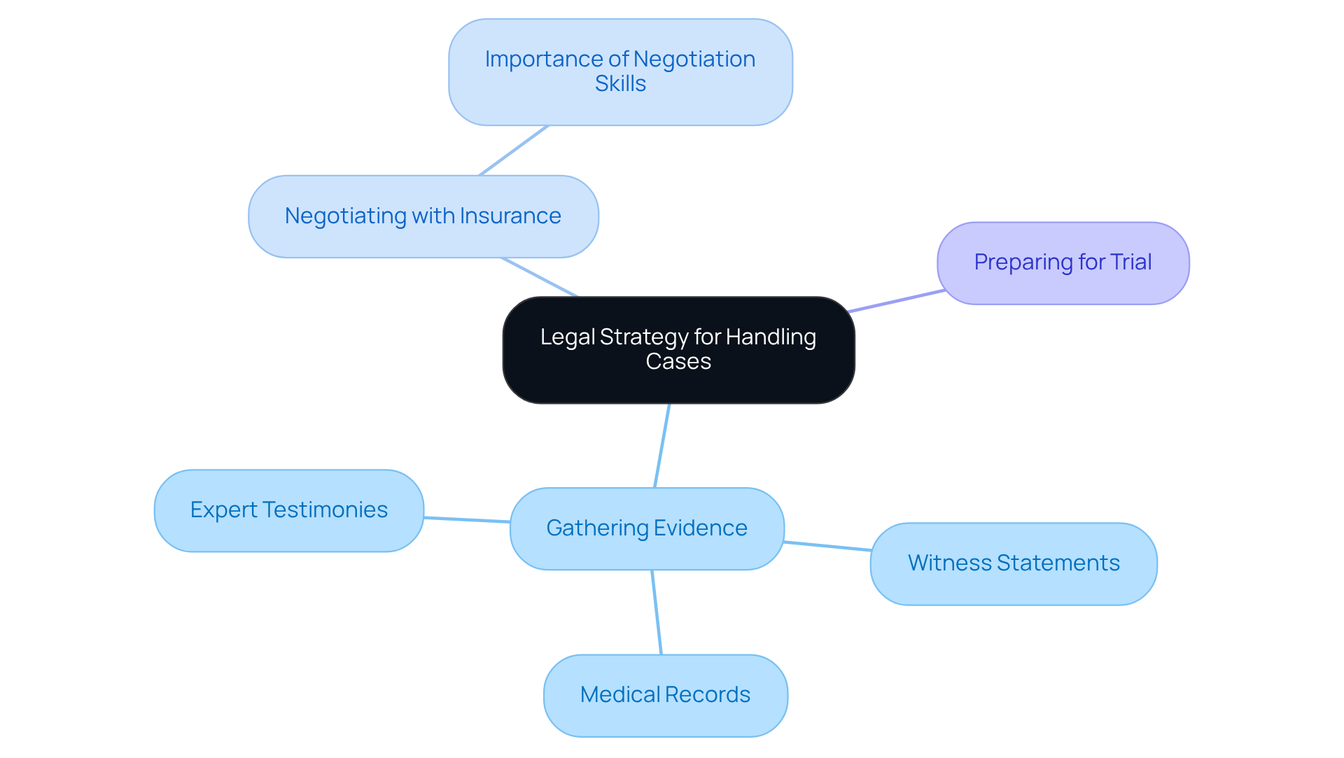The center represents the overall strategy, while the branches show the key components involved in handling a legal case. Each sub-branch provides specific actions or considerations that contribute to a successful outcome.
