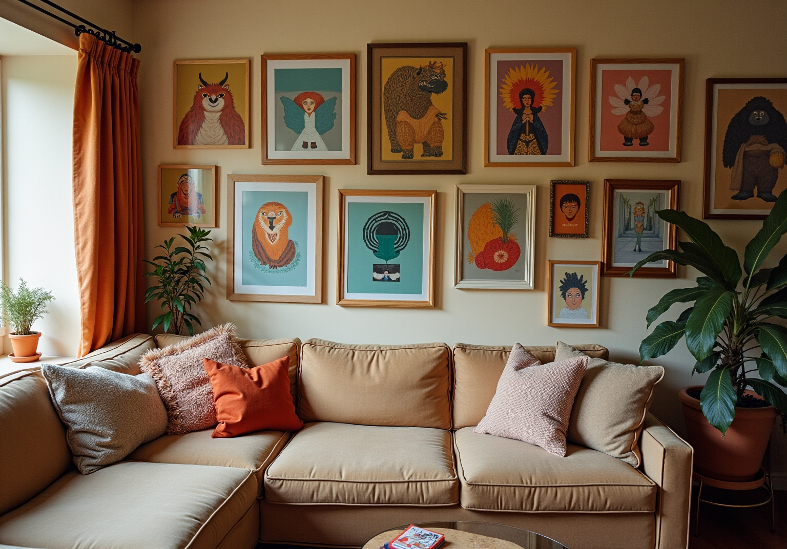 Cozy Living Room with Diverse Artwork Cozy Living Room with Diverse Artwork