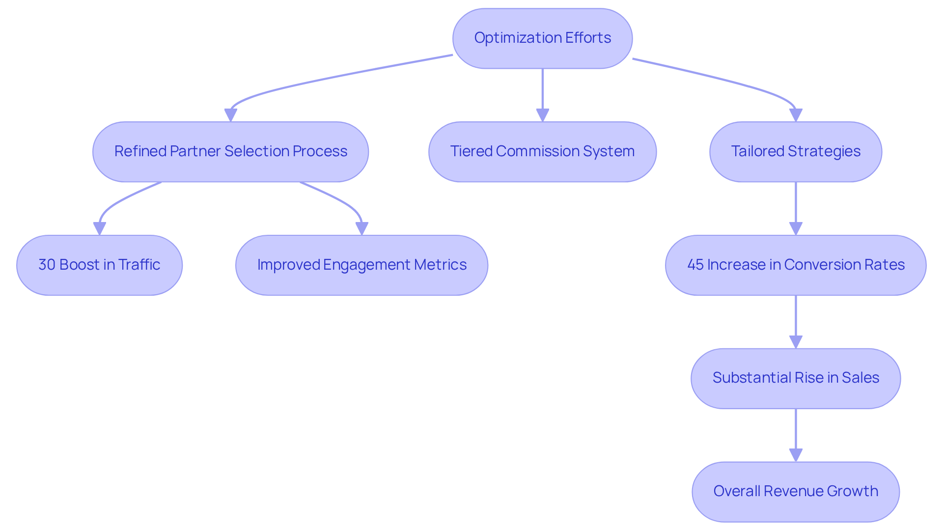 This flowchart shows how different strategies implemented during the optimization efforts led to specific results. Each box represents a strategy, and the arrows show how they connect to the outcomes, like increased traffic and sales. This flowchart shows how different strategies implemented during the optimization efforts led to specific results. Each box represents a strategy, and the arrows show how they connect to the outcomes, like increased traffic and sales.