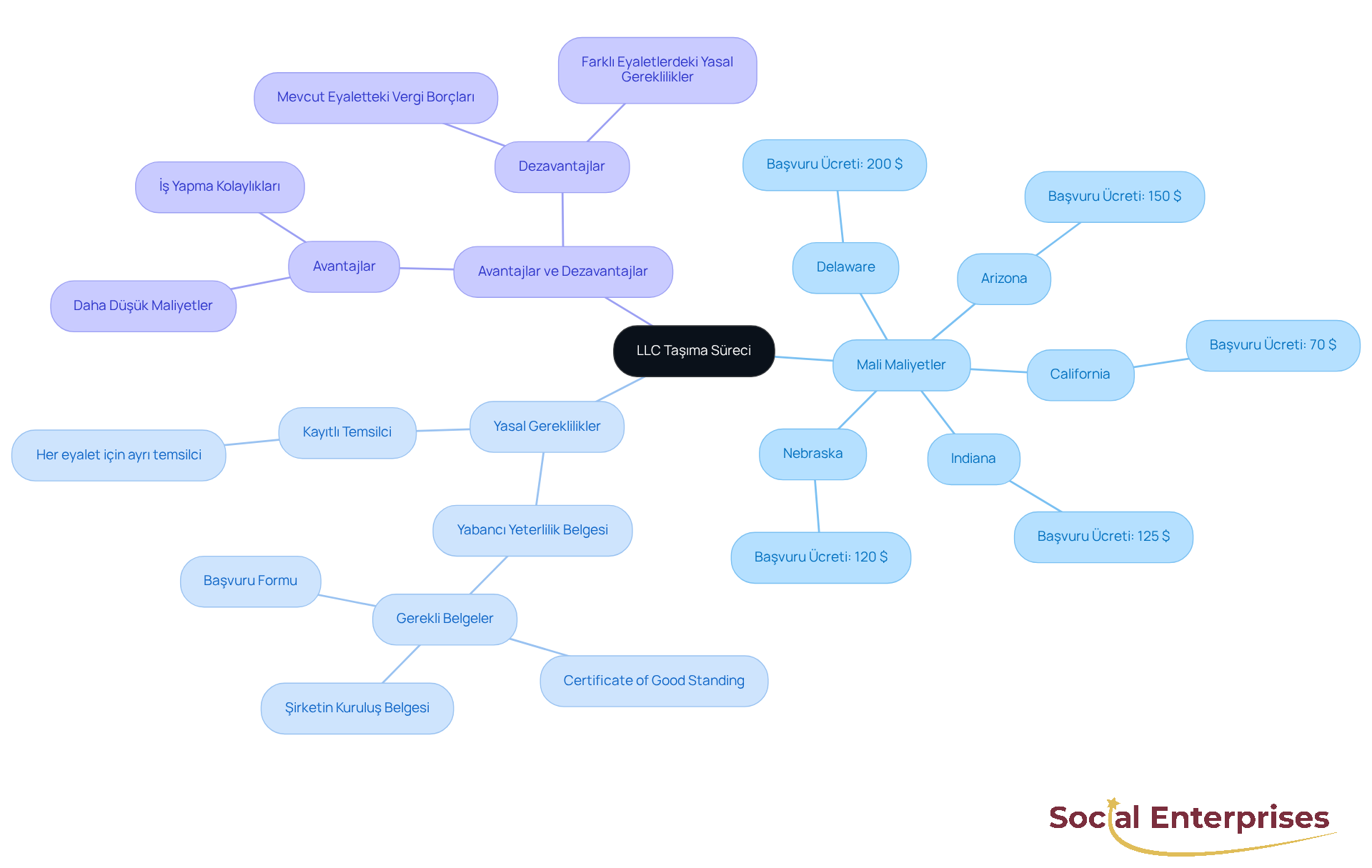 Bu harita, LLC'nizi taşırken dikkate almanız gereken ana konuları gösterir. Merkezde ana süreç var, dallar ise maliyetler, yasal gereklilikler ve avantaj-dezavantajları temsil ediyor. Her dalda daha fazla bilgi bulabilirsiniz.