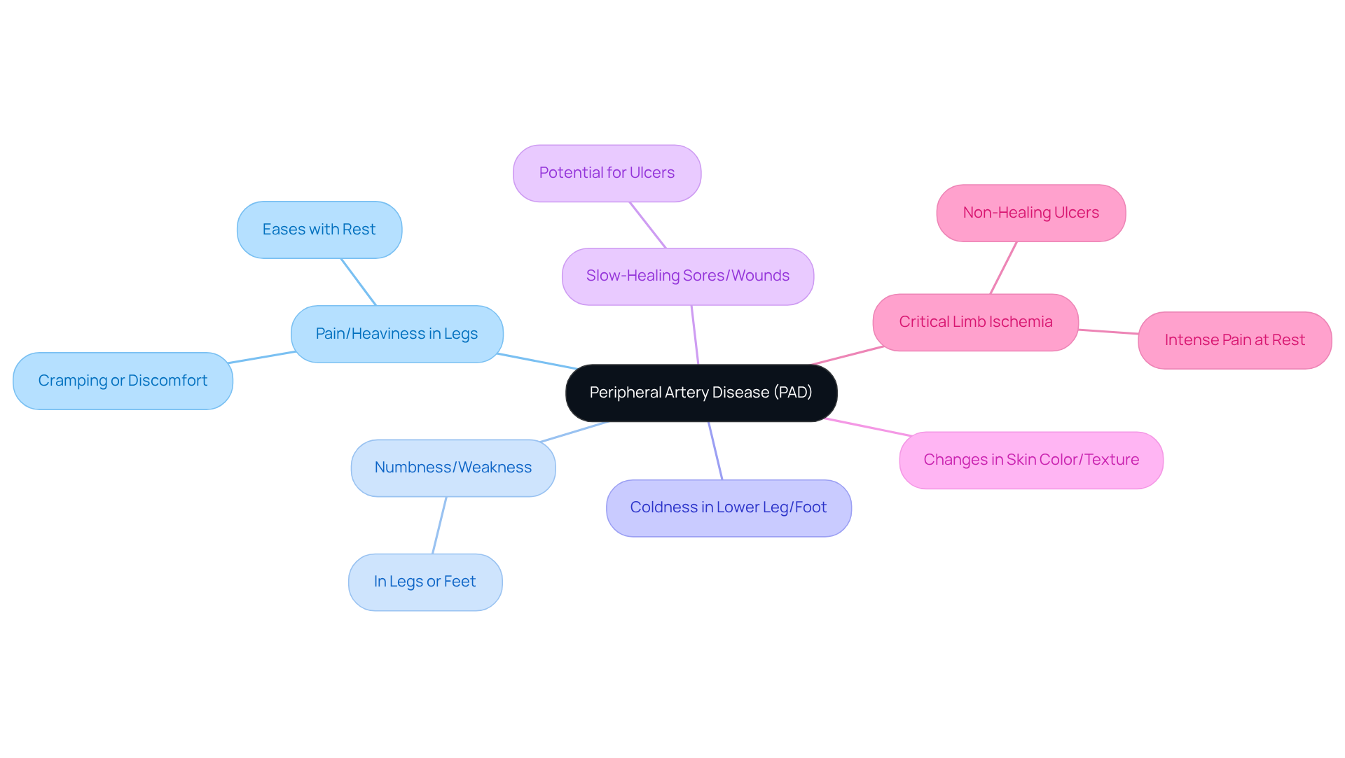 This mindmap starts with PAD at the center, branching out to show various symptoms. Each branch represents a different symptom, and the sub-branches provide more details about what to look for. This visual helps you understand how these symptoms relate to PAD and why recognizing them is important.
