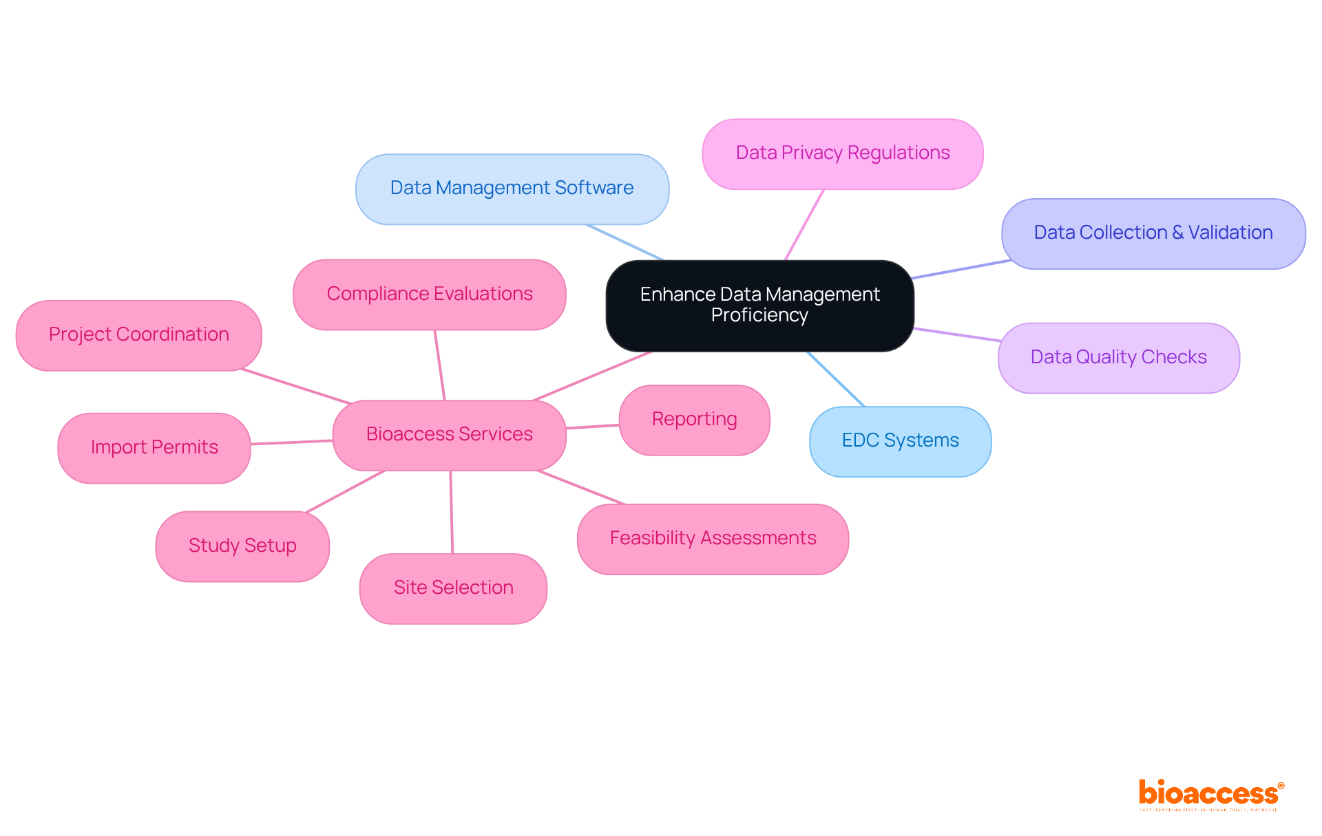 Start at the center with the main goal of improving data management skills, then explore the branches to see the specific areas of knowledge and services that support this goal.