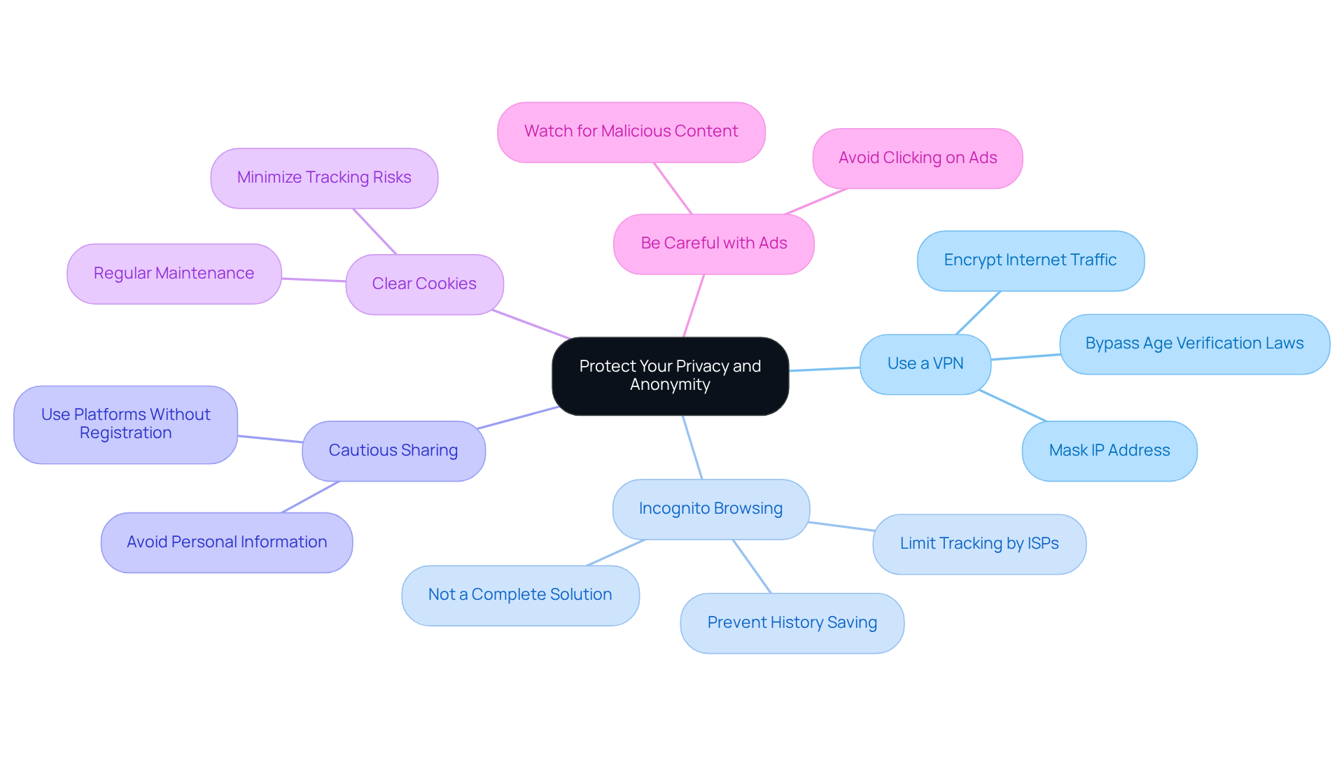 The central node represents the main goal of protecting your privacy, while the branches show different strategies you can use. Each strategy has its own tips to help you stay safe while browsing.