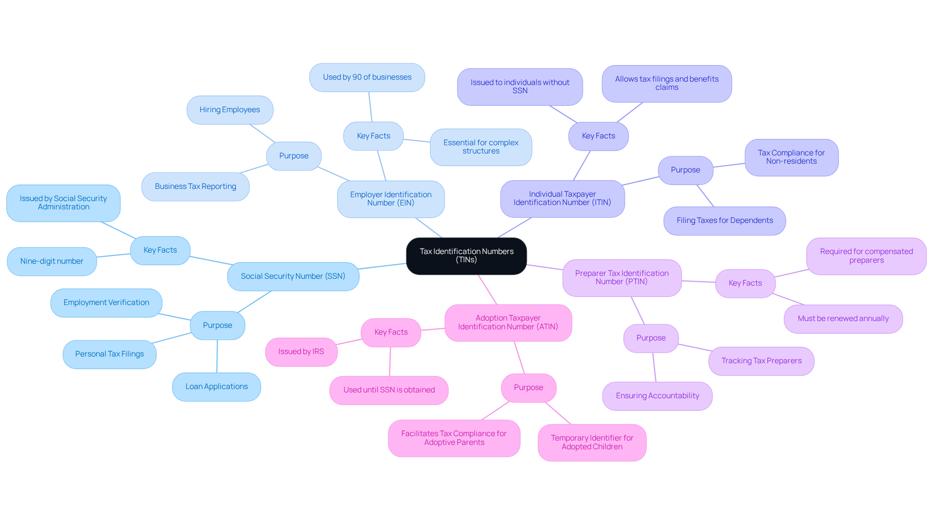 The central node represents TINs, and each branch shows a different type of TIN. Follow the branches to learn about each type's purpose and who it is for. The colors help differentiate between the types, making it easier to understand their unique roles. The central node represents TINs, and each branch shows a different type of TIN. Follow the branches to learn about each type's purpose and who it is for. The colors help differentiate between the types, making it easier to understand their unique roles.