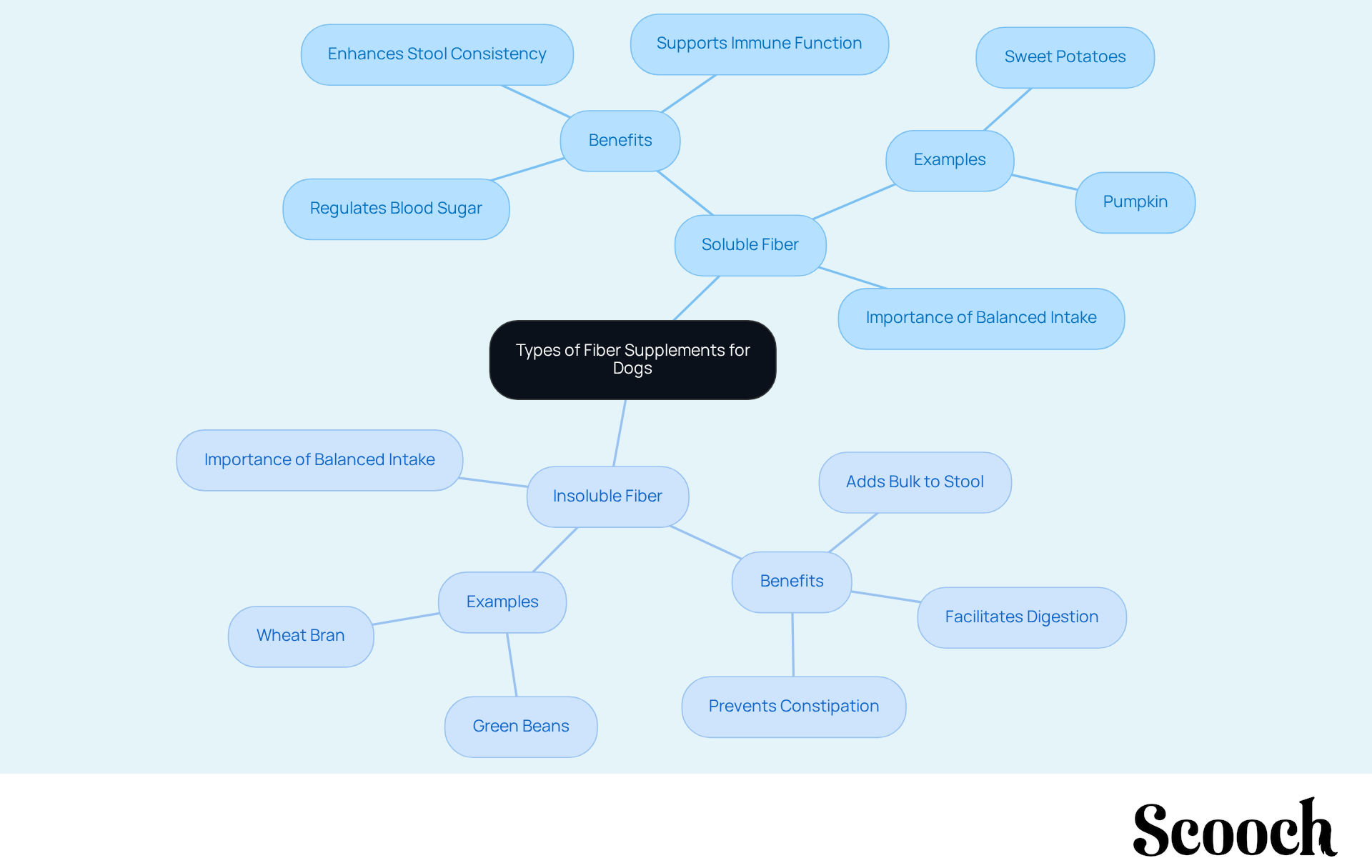 The central node represents the main topic, while the branches show different types of fiber. Each sub-point under the branches provides details about the benefits and sources, helping you see the full picture of how fiber can support your dog's health.