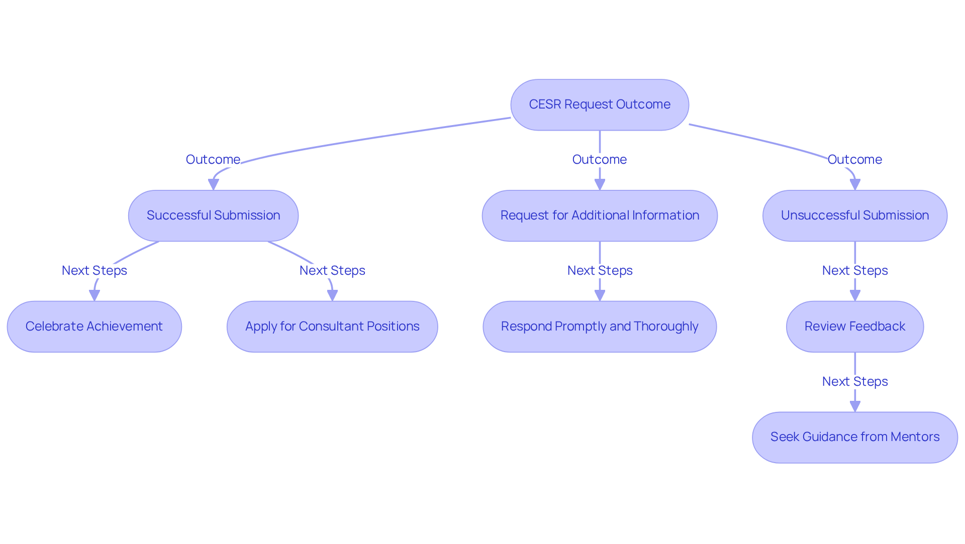 This flowchart shows what happens after you submit your CESR request. Follow the arrows to see what to do based on whether your submission is successful, if more information is needed, or if it was unsuccessful. This flowchart shows what happens after you submit your CESR request. Follow the arrows to see what to do based on whether your submission is successful, if more information is needed, or if it was unsuccessful.